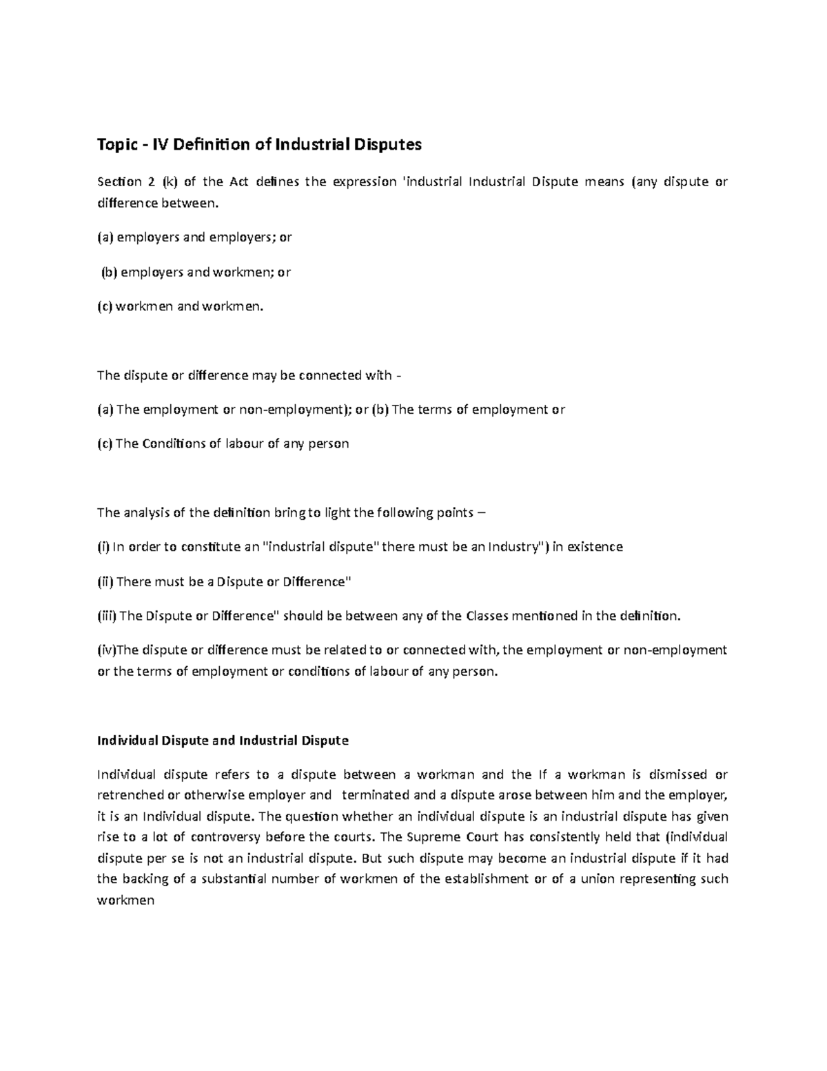 Chapter 4 -definition of industrial dispute - Topic - IV Definition of ...