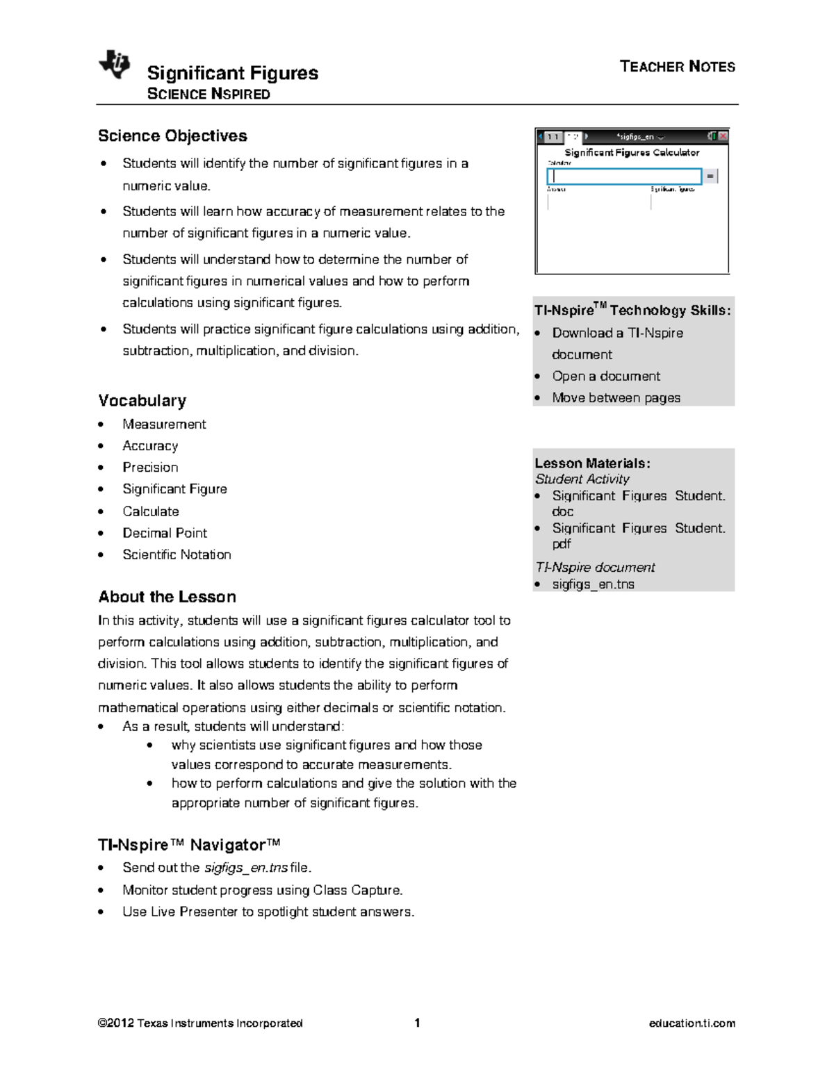Significant Figures Teacher - SCIENCE NSPIRED Science Objectives ...