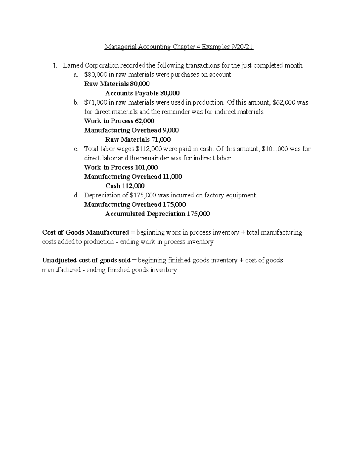 Managerial Accounting Chapter 4 Examples 9/20/21 - Managerial ...