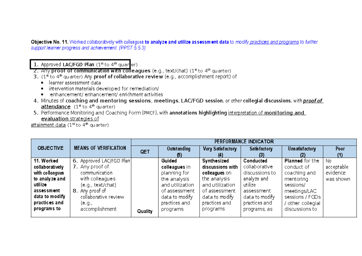 Objective No. 11 MOV1 LAC PLAN - Objective No. 11. Worked collaboratively with colleagues to ...