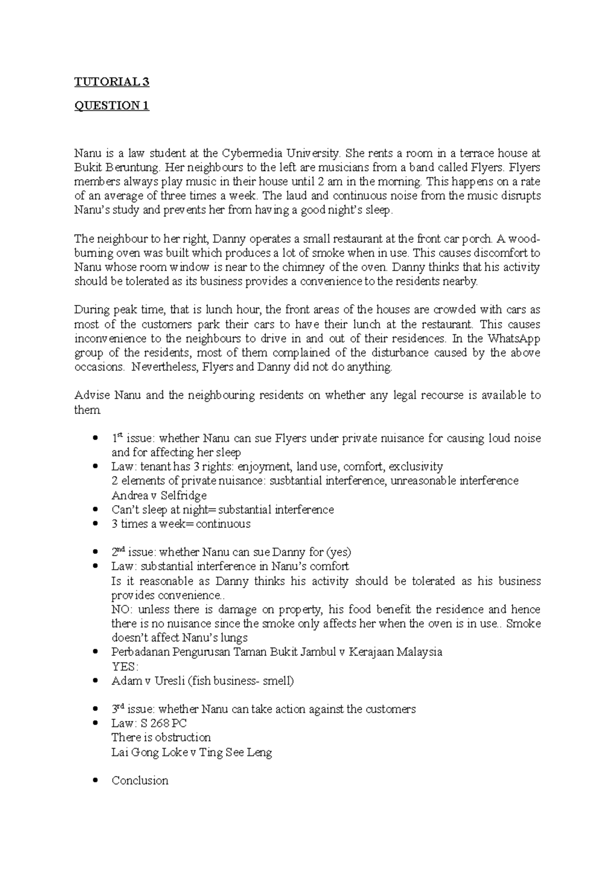 TL Tutorial 3 - Answers - TUTORIAL 3 QUESTION 1 Nanu is a law student at the Cybermedia ...