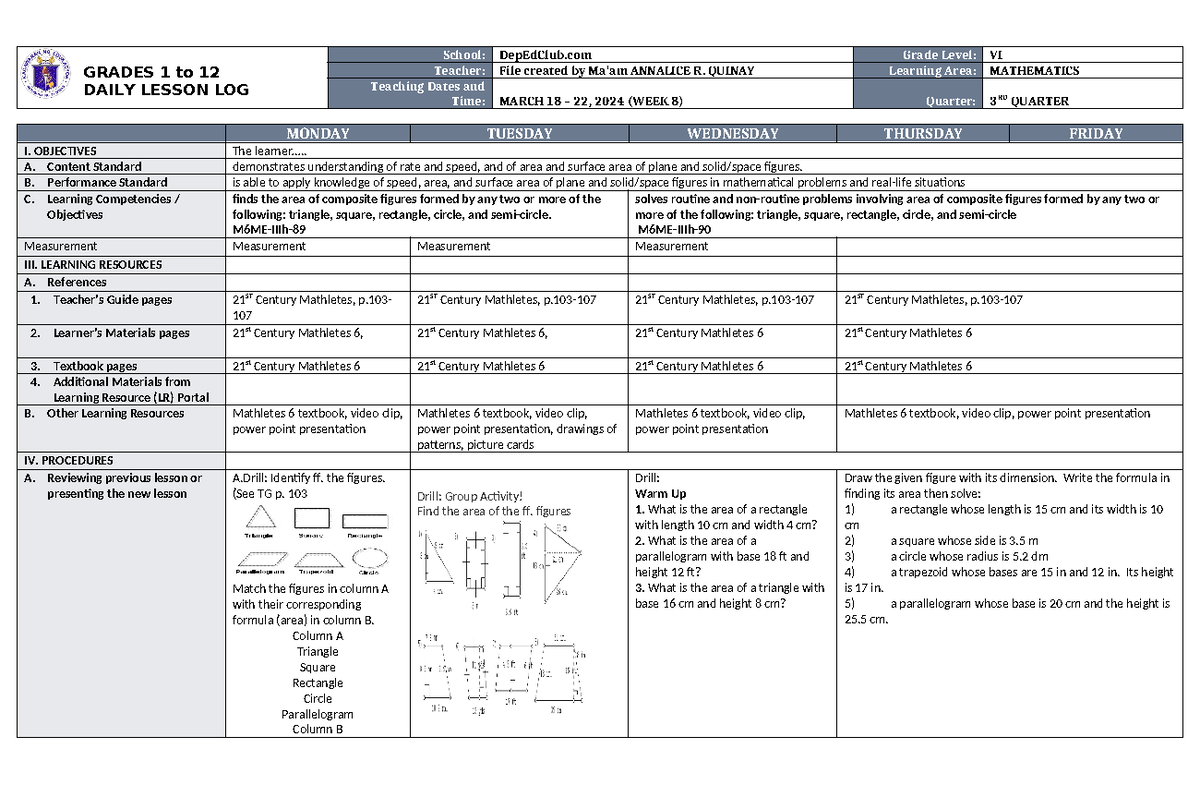 DLL Mathematics 6 Q3 W8 - DLL Math - GRADES 1 to 12 DAILY LESSON LOG ...