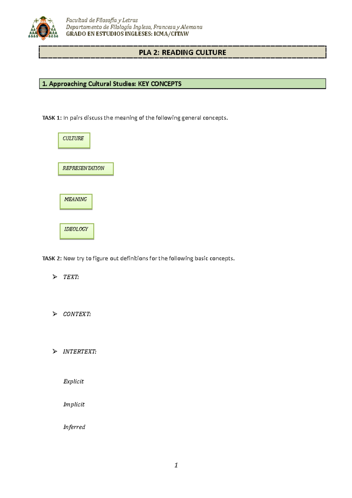 PLA 2- Class handout - pla-2 - PLA 2: READING CULTURE 1. Approaching ...