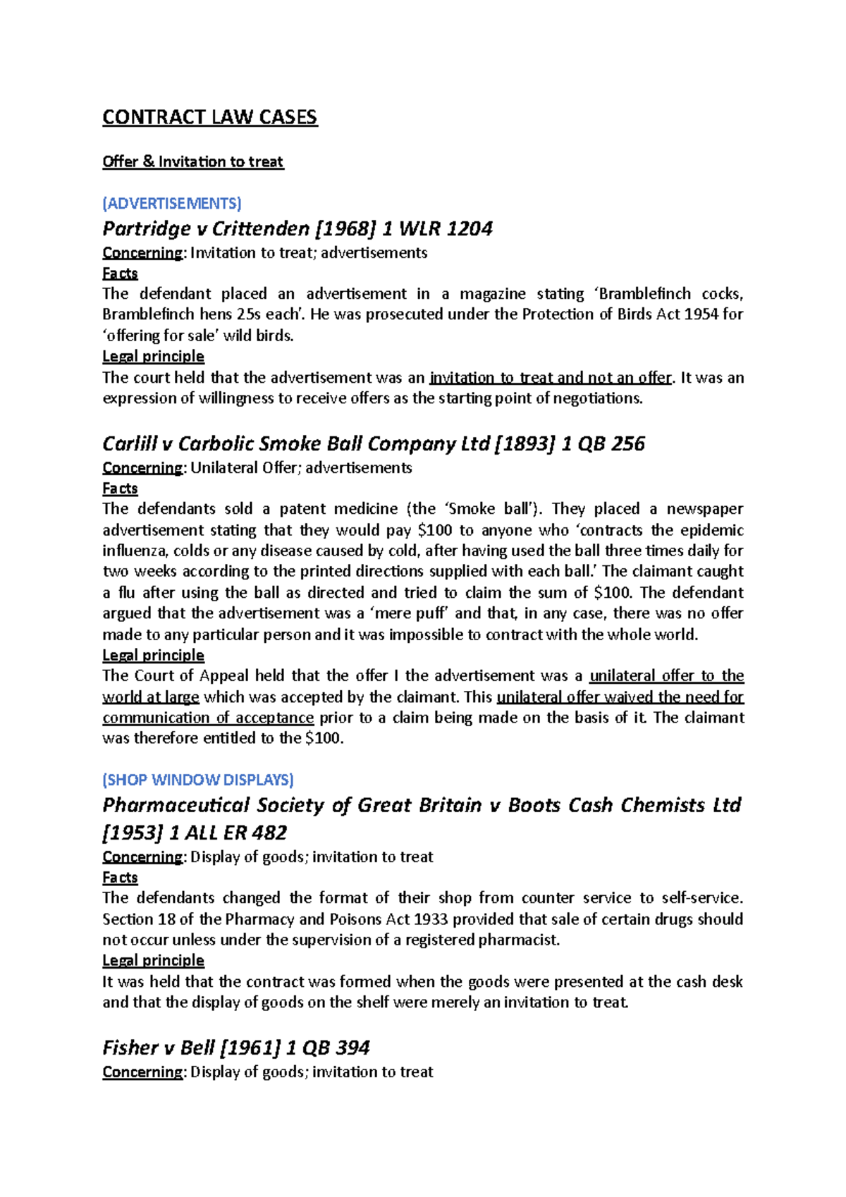 Contract LAW Cases - CONTRACT LAW CASES Offer & Invitation to treat ...