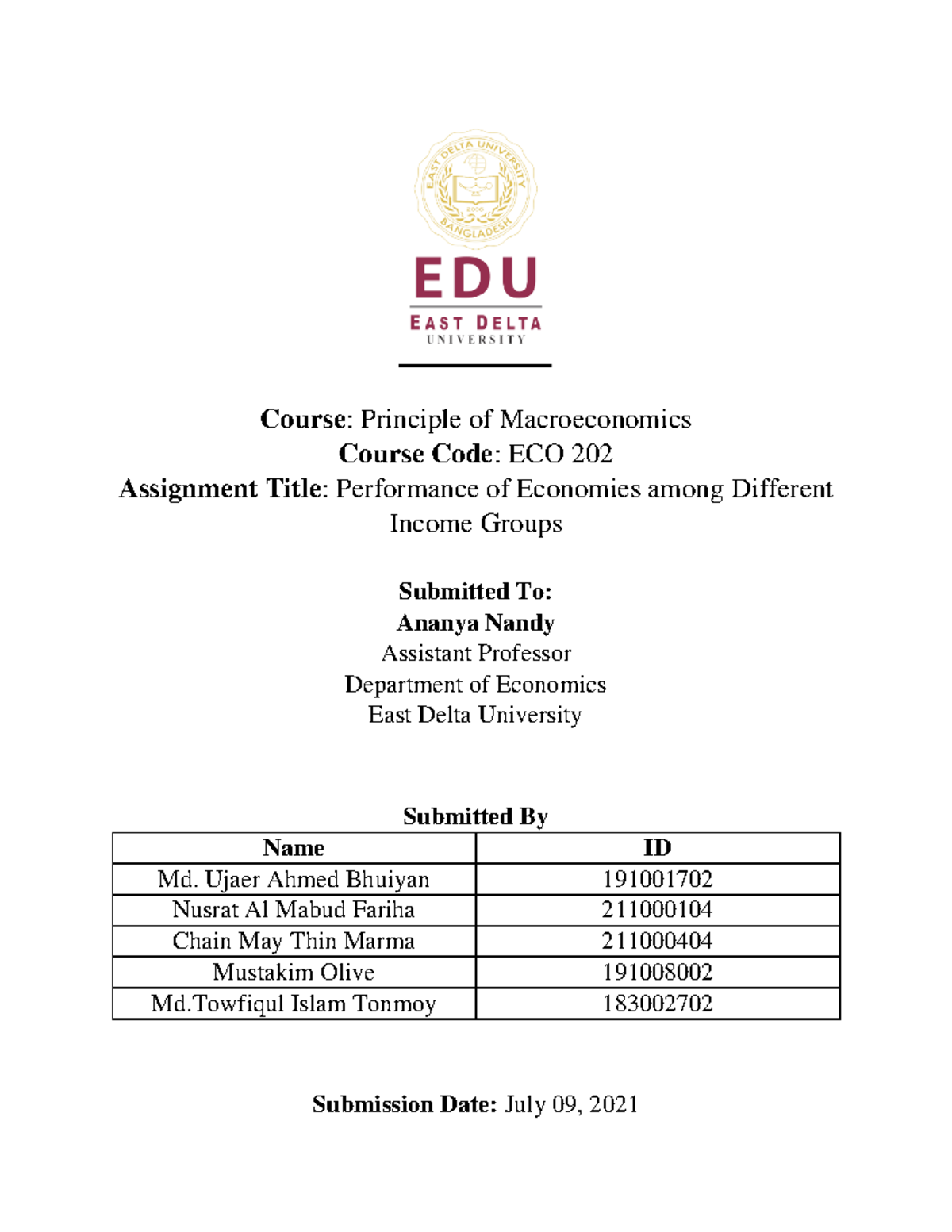 ECO 202 Mid Assignment - Performance of economics in different income group. - Course: Principle ...