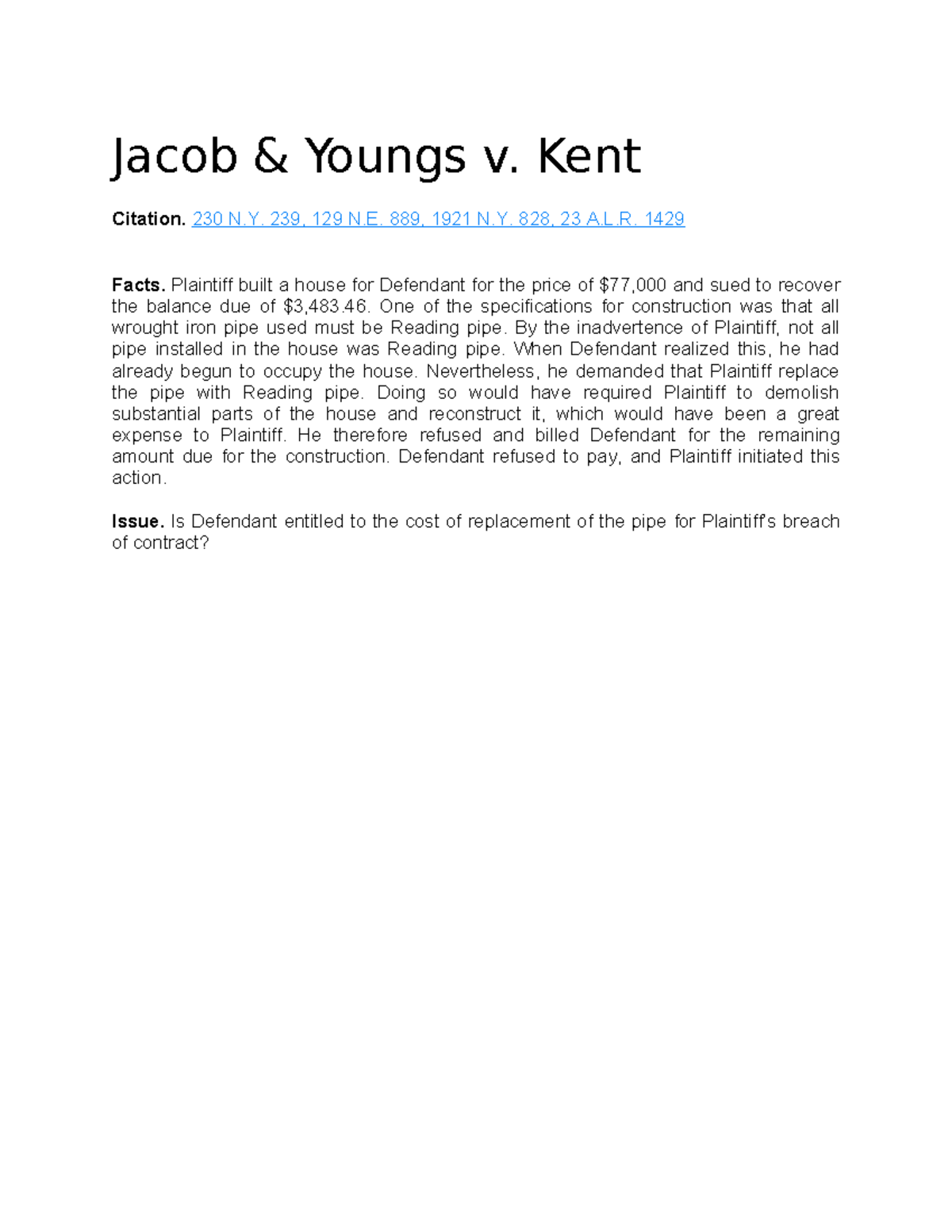 Jacob & Youngs v Kent Elearning Post - Jacob & Youngs v. Kent Citation ...