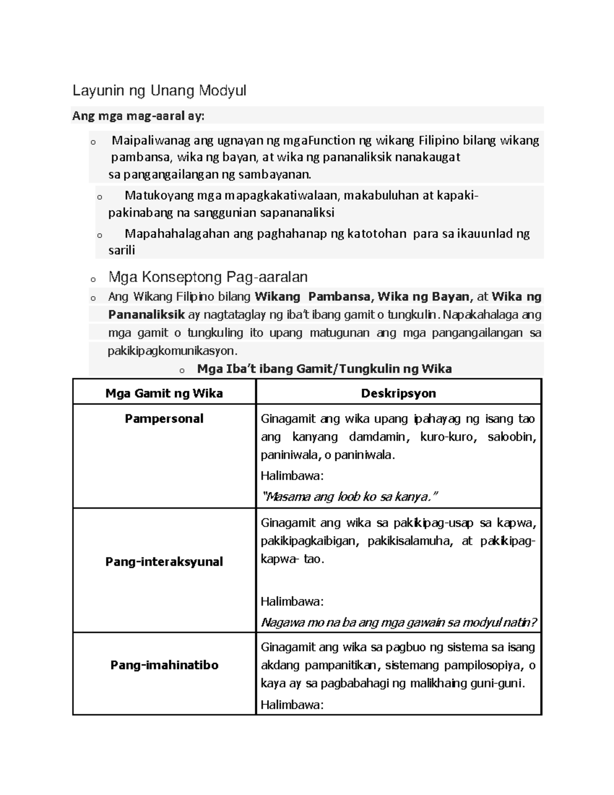 FIL-2-merged - Notes - Layunin ng Unang Modyul Ang mga mag-aaral ay: o ...
