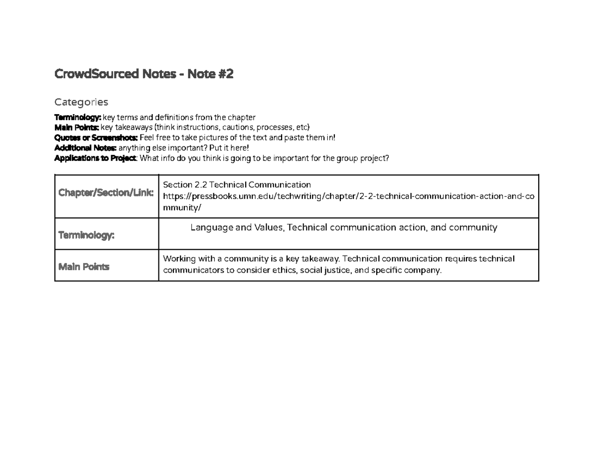 Note 2 - notes - CrowdSourced Notes - Note Categories Terminology: key ...