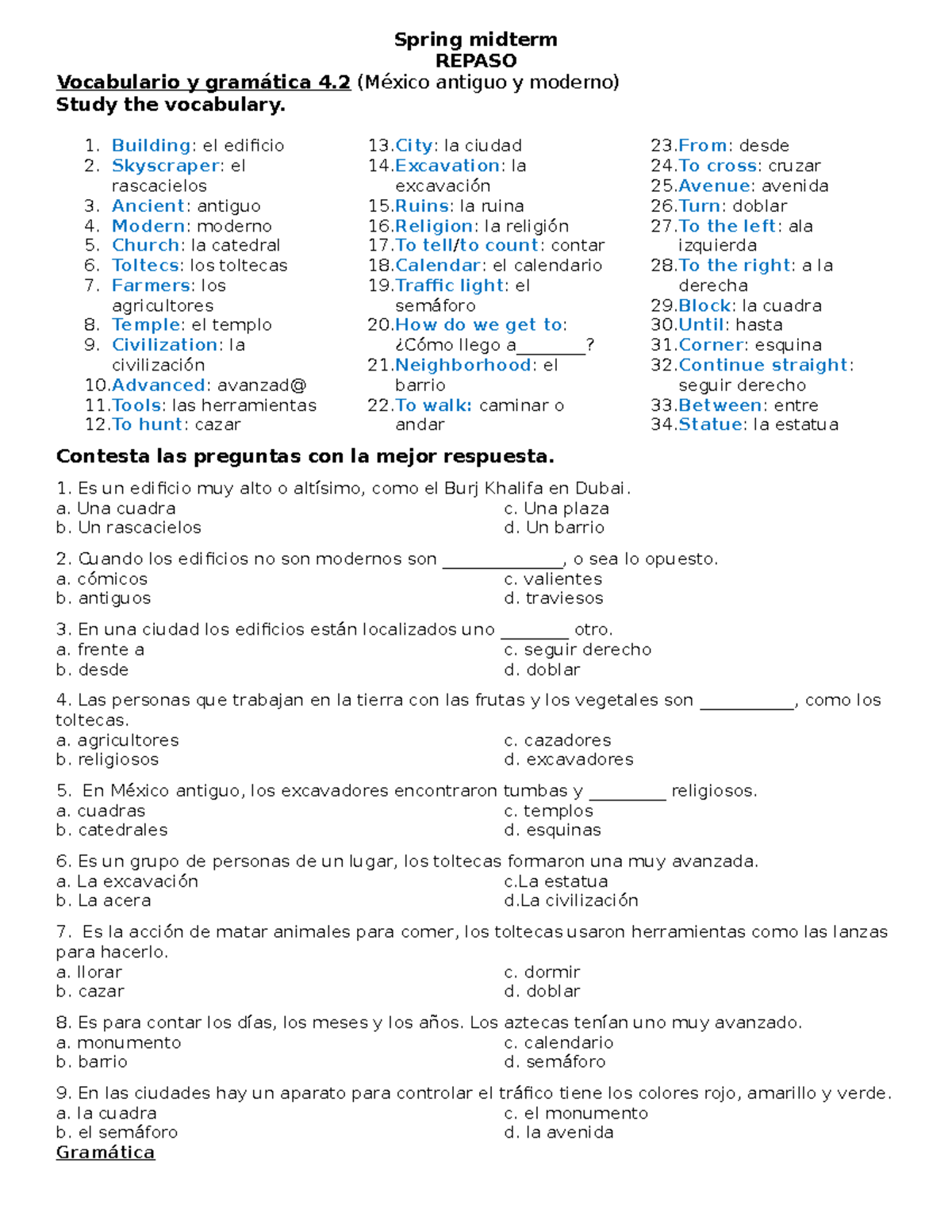 Spanish Midterm- Review 2020 for Spanish 1 - Spring midterm REPASO ...