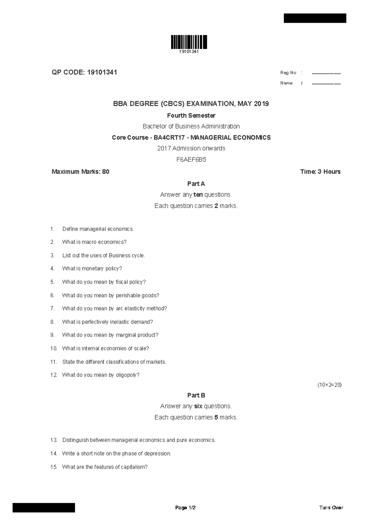 Bba 4 sem managerial economics 19101341 may 2019 - QP CODE: 19101341 ...