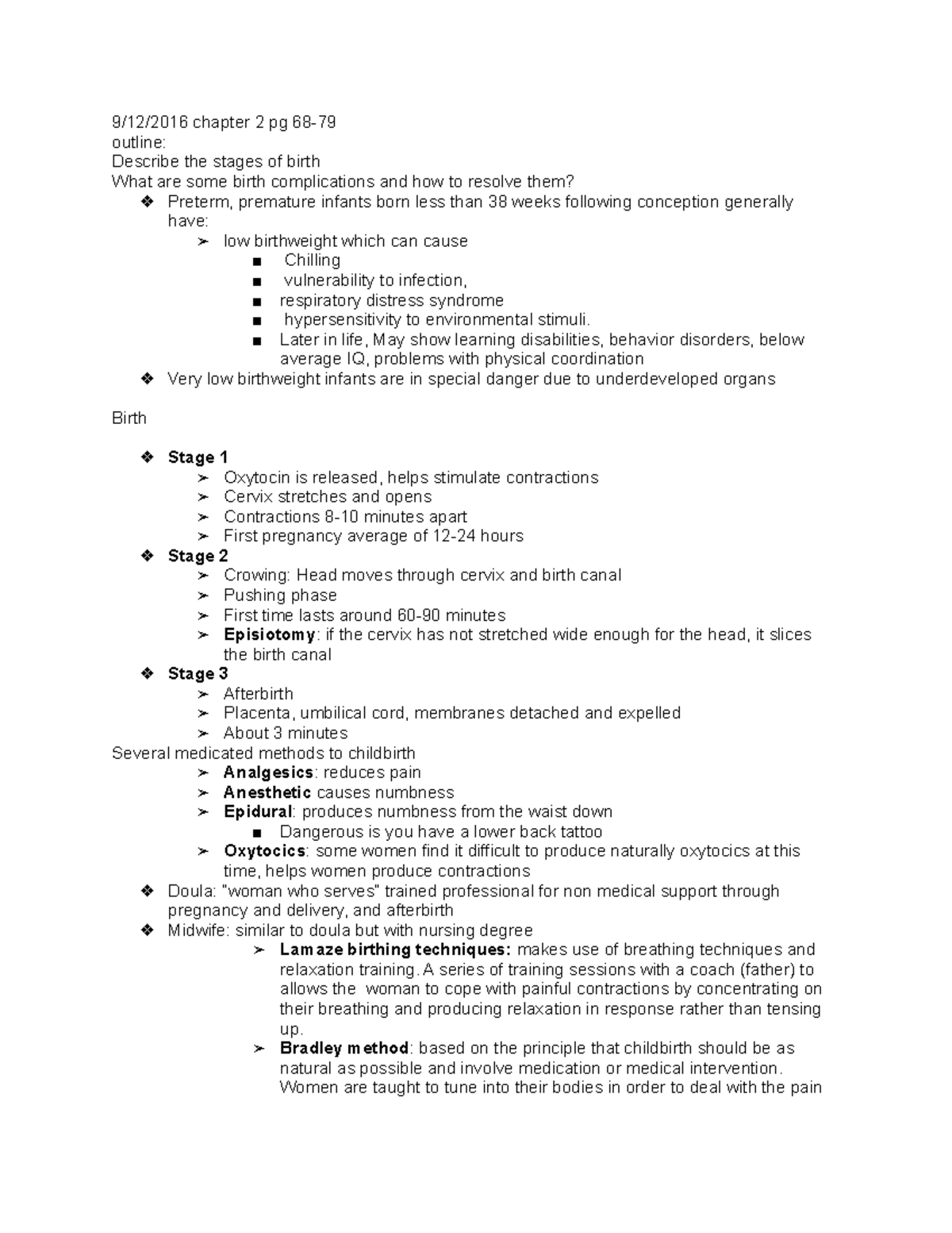 Class 7 notes birth - Psyc 160 - 9/12/2016 chapter 2 pg 68-79 outline ...