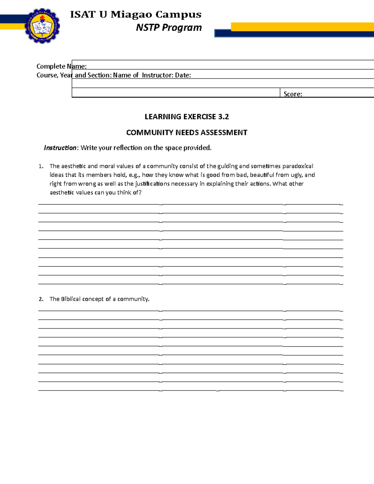 Learning-Exercise for activities - Complete Name: Course, Year and ...