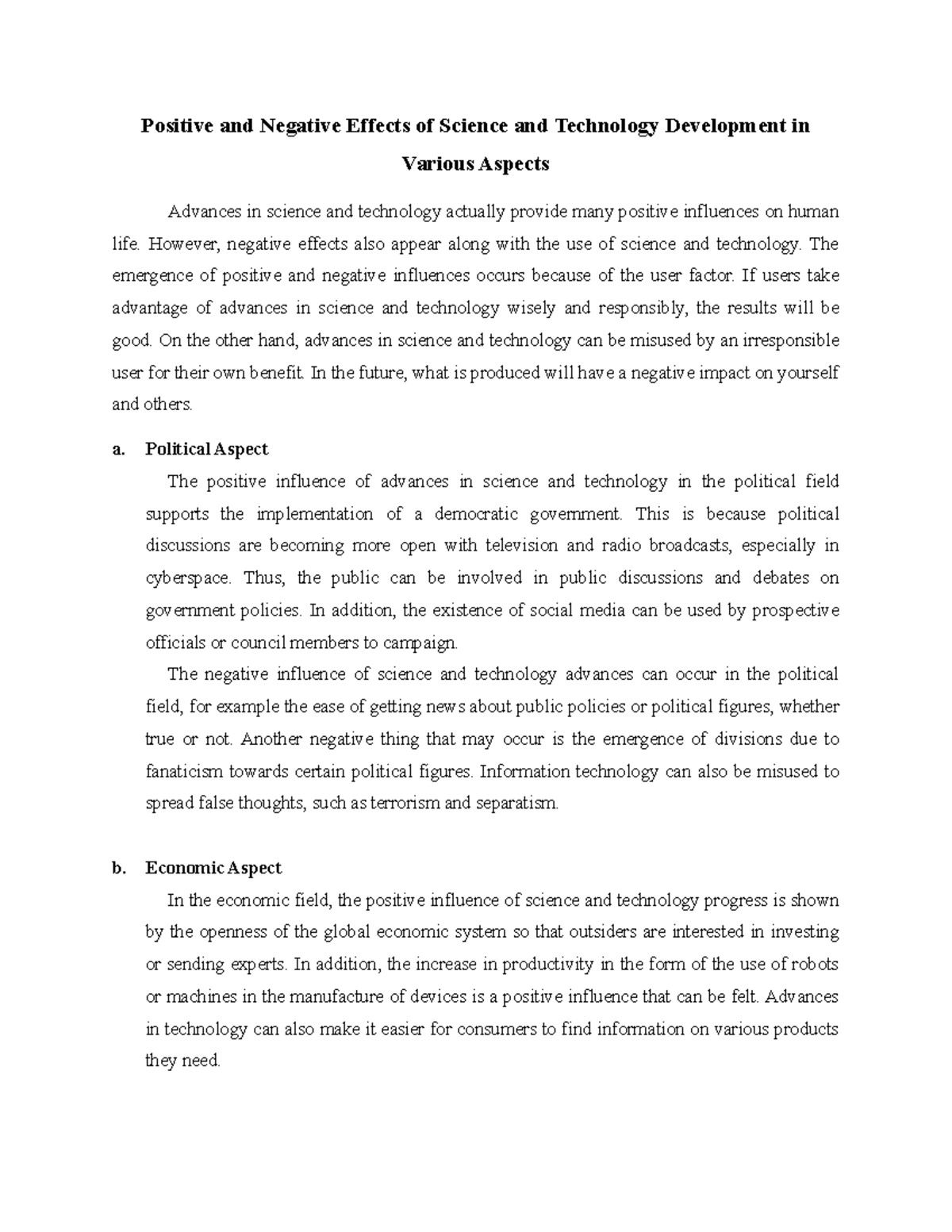 Positive and Negative Effects of Science and Technology Development in ...
