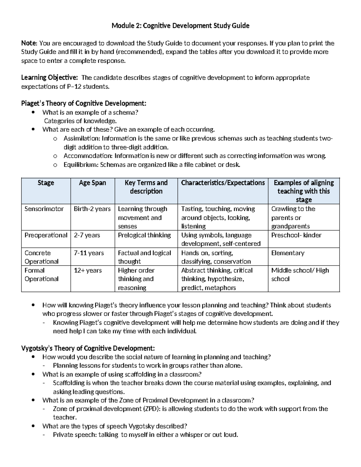 D094 m2 study guide - Module 2: Cognitive Development Study Guide Note ...