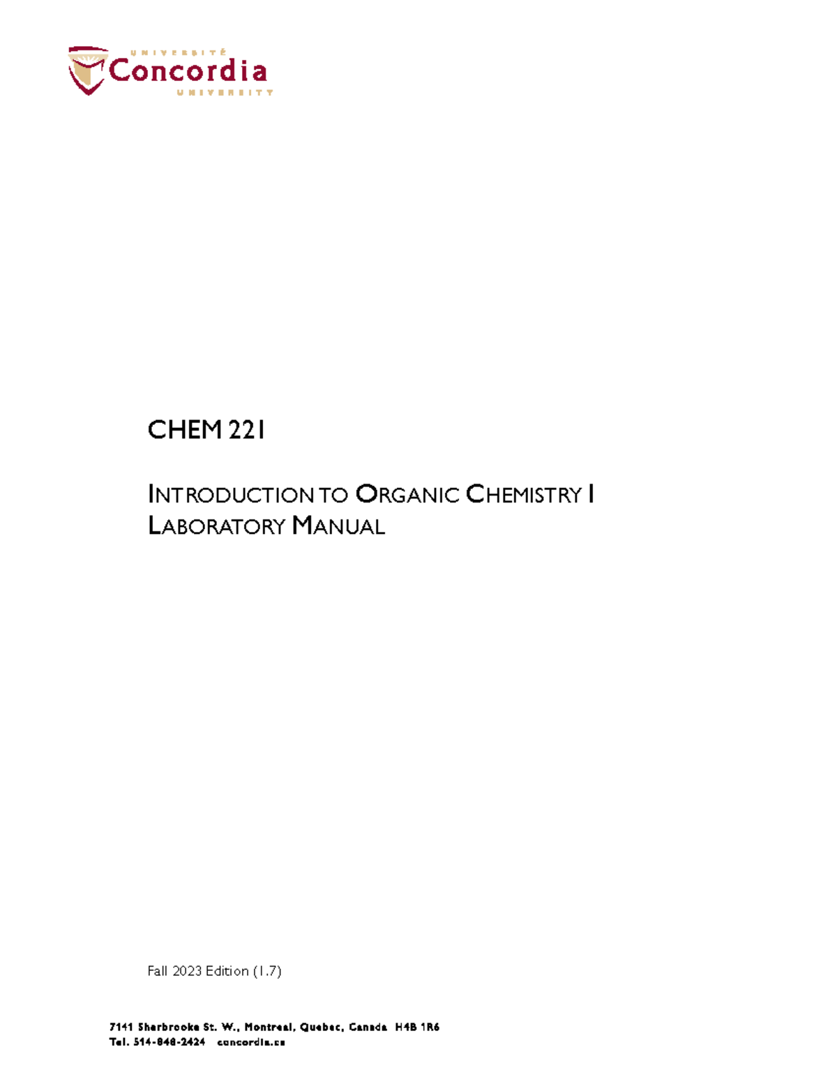CHEM 221 Lab Manual 1 - CHEM 221 INTRODUCTION TO ORGANIC CHEMISTRY I LABORATORY MANUAL Fall 2023 ...