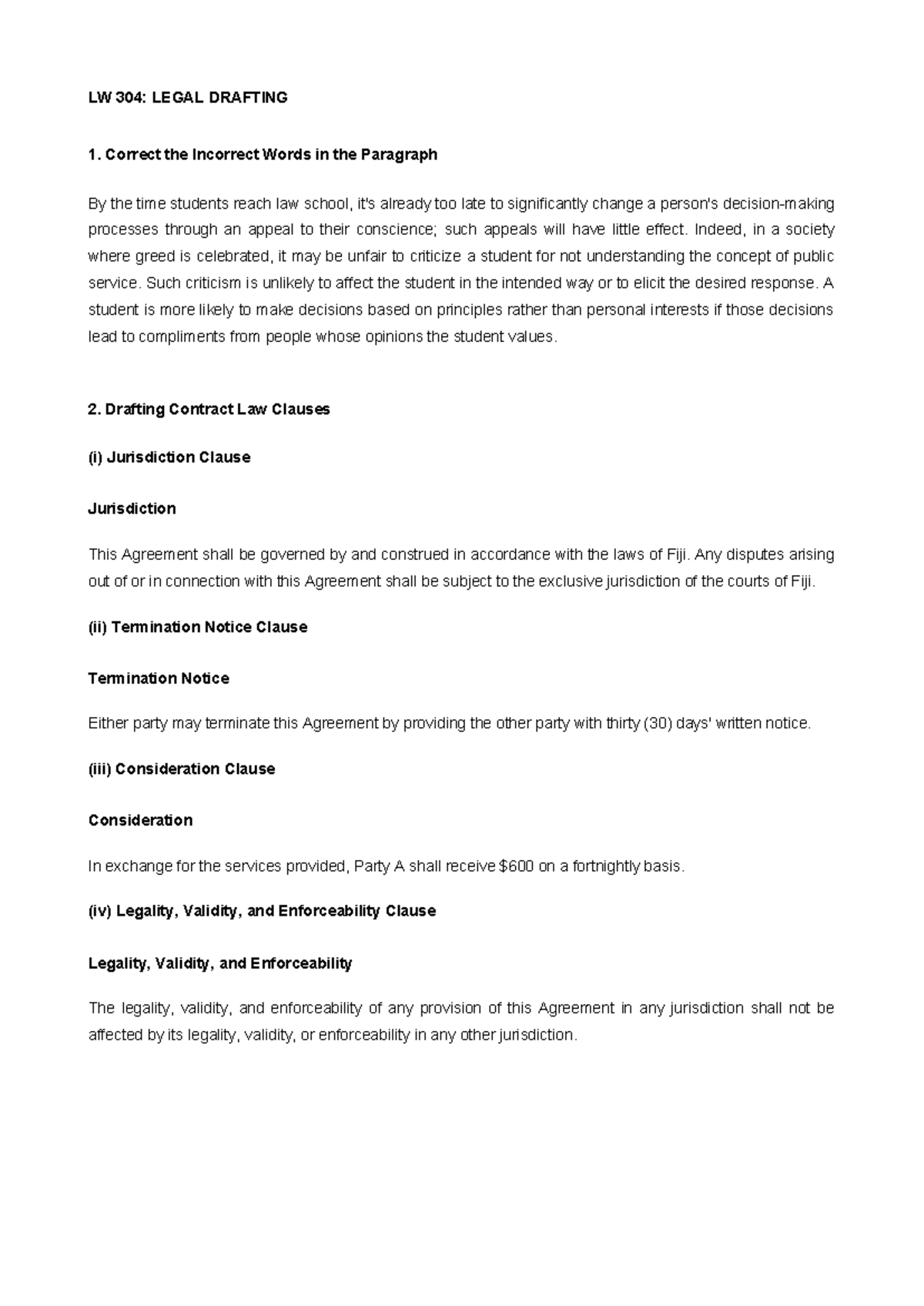 Revision Tutorial - LW 304: LEGAL DRAFTING 1. Correct the Incorrect ...