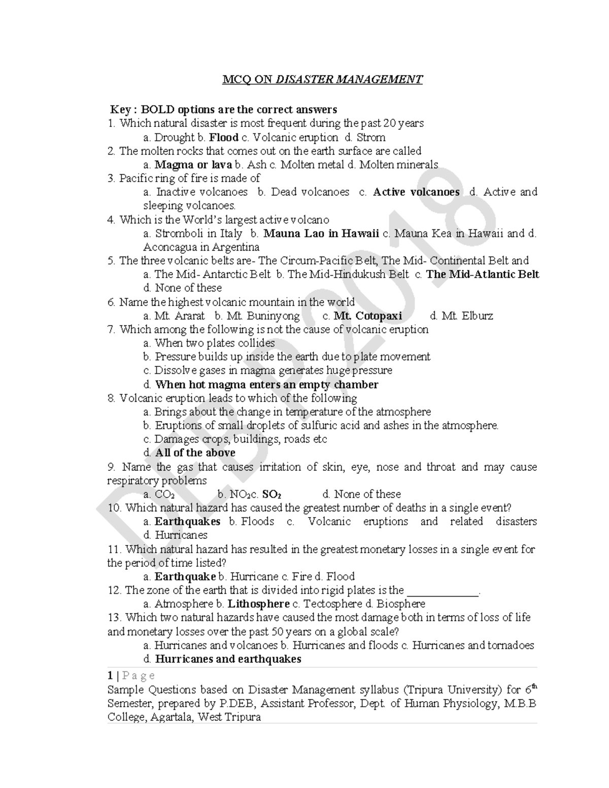 247 - MCQ on Disaster Mangement - MCQ ON DISASTER MANAGEMENT Key : BOLD ...