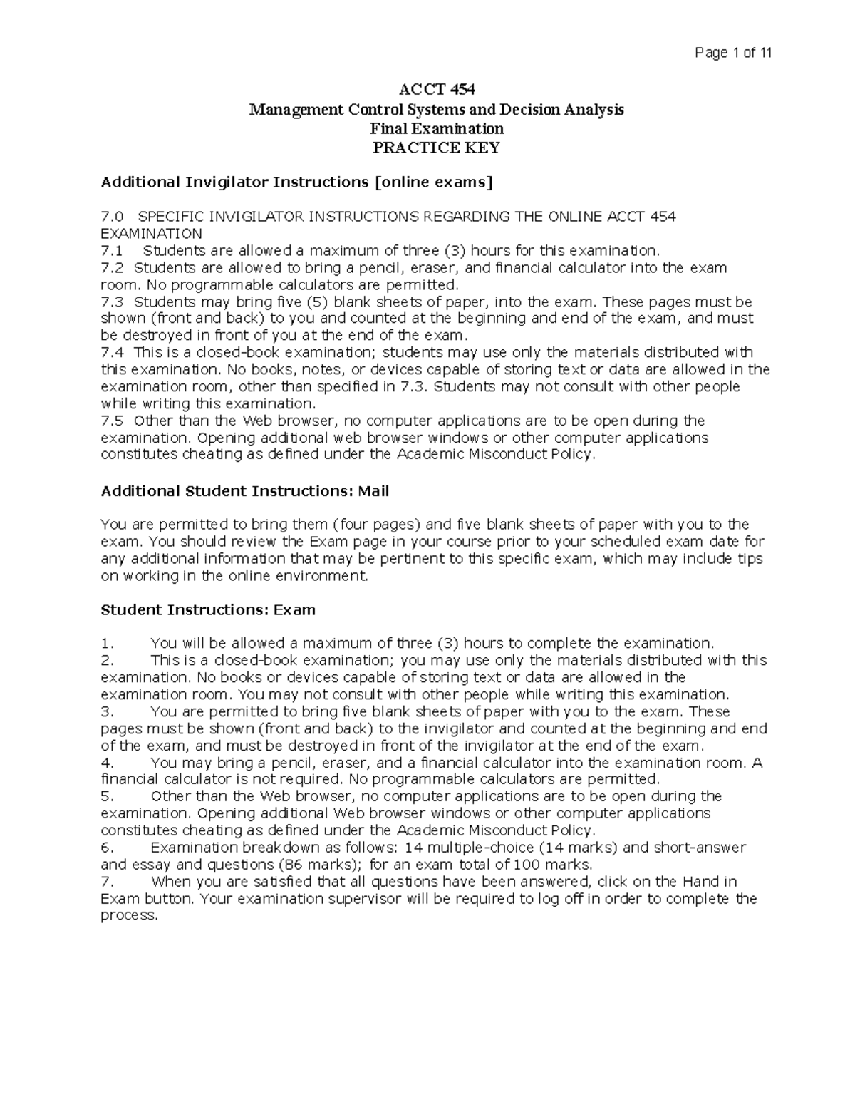ACCT454v8 Practice KEY - ACCT 454 Management Control Systems and ...