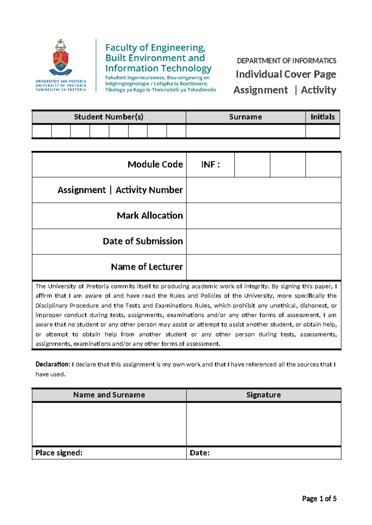 Practical 4 Activity - DEPARTMENT OF INFORMATICS Individual Cover Page ...