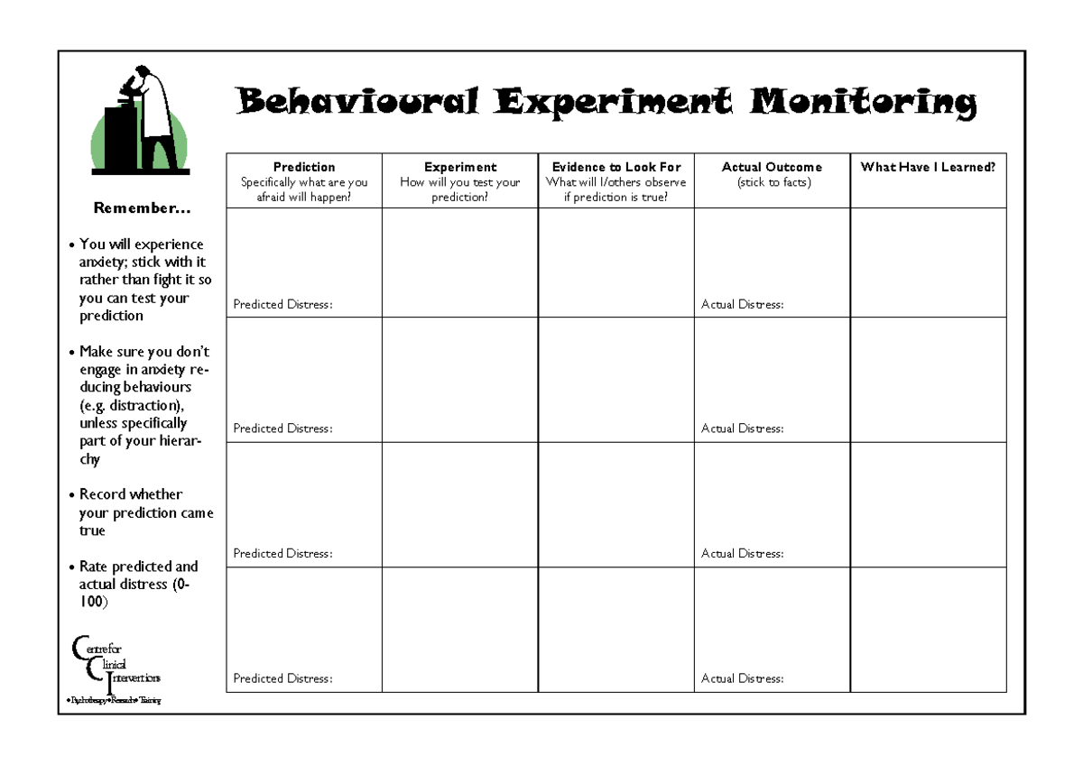 Anxiety Worksheet - 10 - Behavioural experiment - Behavioural Experiment Monitoring Prediction ...
