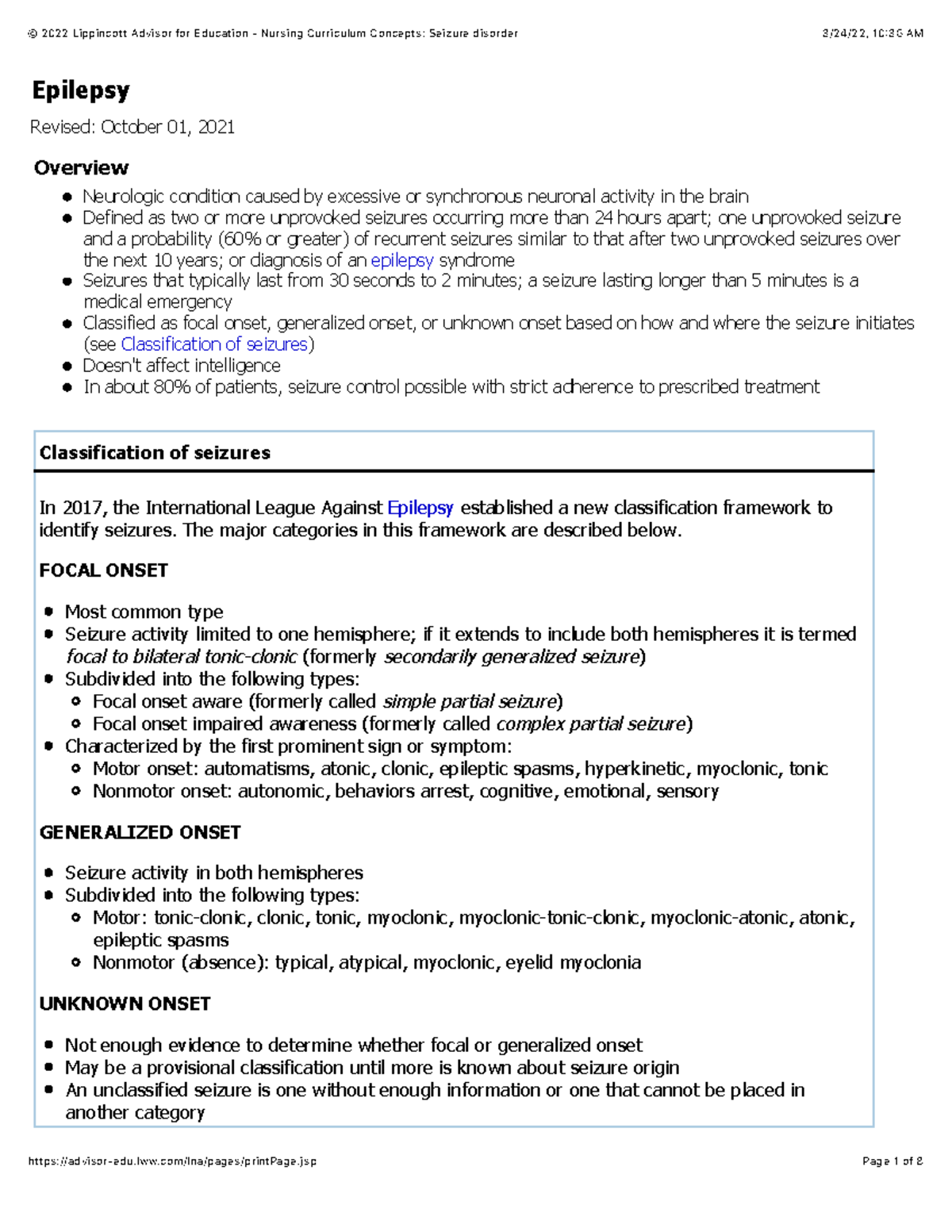 Epilepsy - The major categories in this framework are described below ...