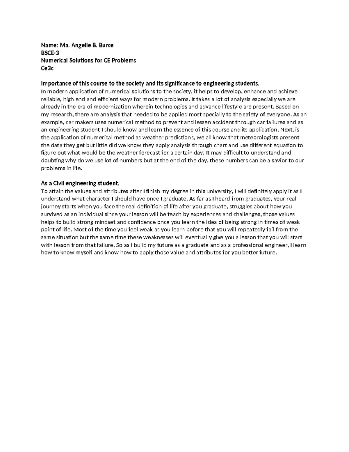 CE - CE PROBLEMS - Name: Ma. Angelie B. Burce BSCE- Numerical Solutions ...