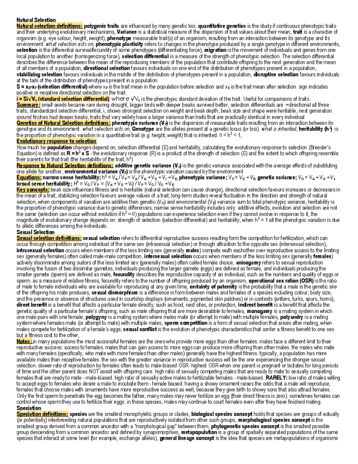 BIOL 2400 - Cheat Sheet #2 - Natural Selection Natural selection ...