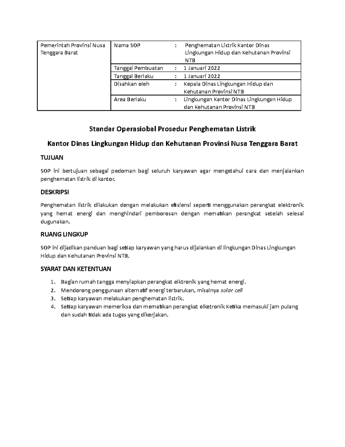 SOP Penghematan Listrik Dinas LHK NTB - Pemerintah Provinsi Nusa ...