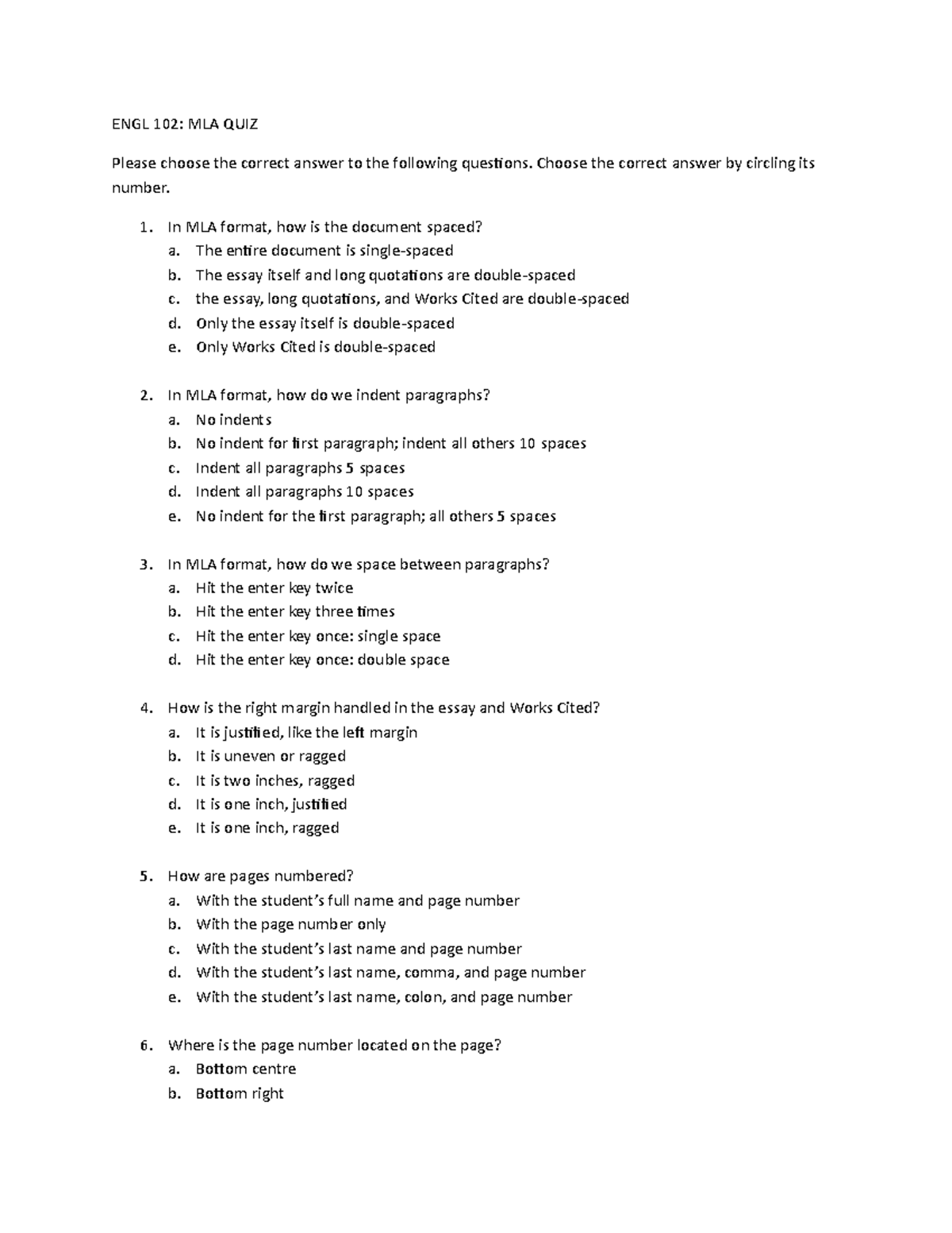MLA quiz for english fundamentals - ENGL 102: MLA QUIZ Please choose ...