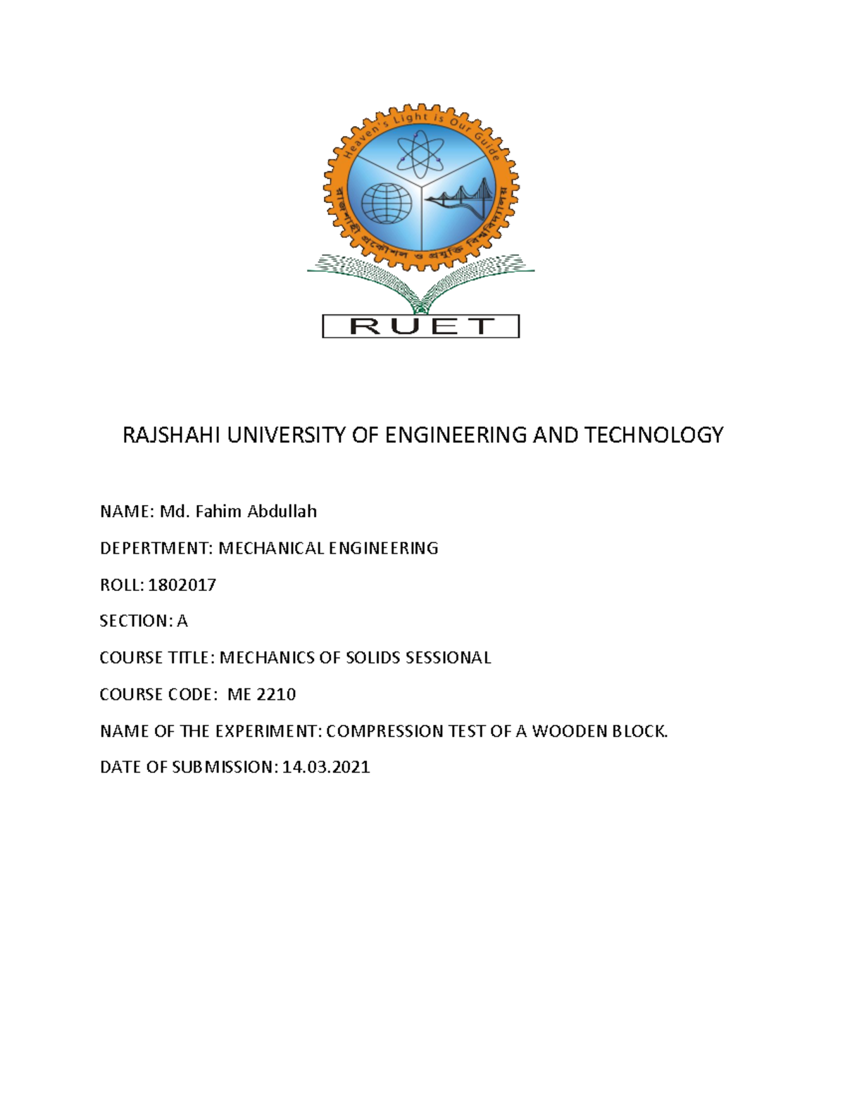 Wooden block experiment - RAJSHAHI UNIVERSITY OF ENGINEERING AND ...