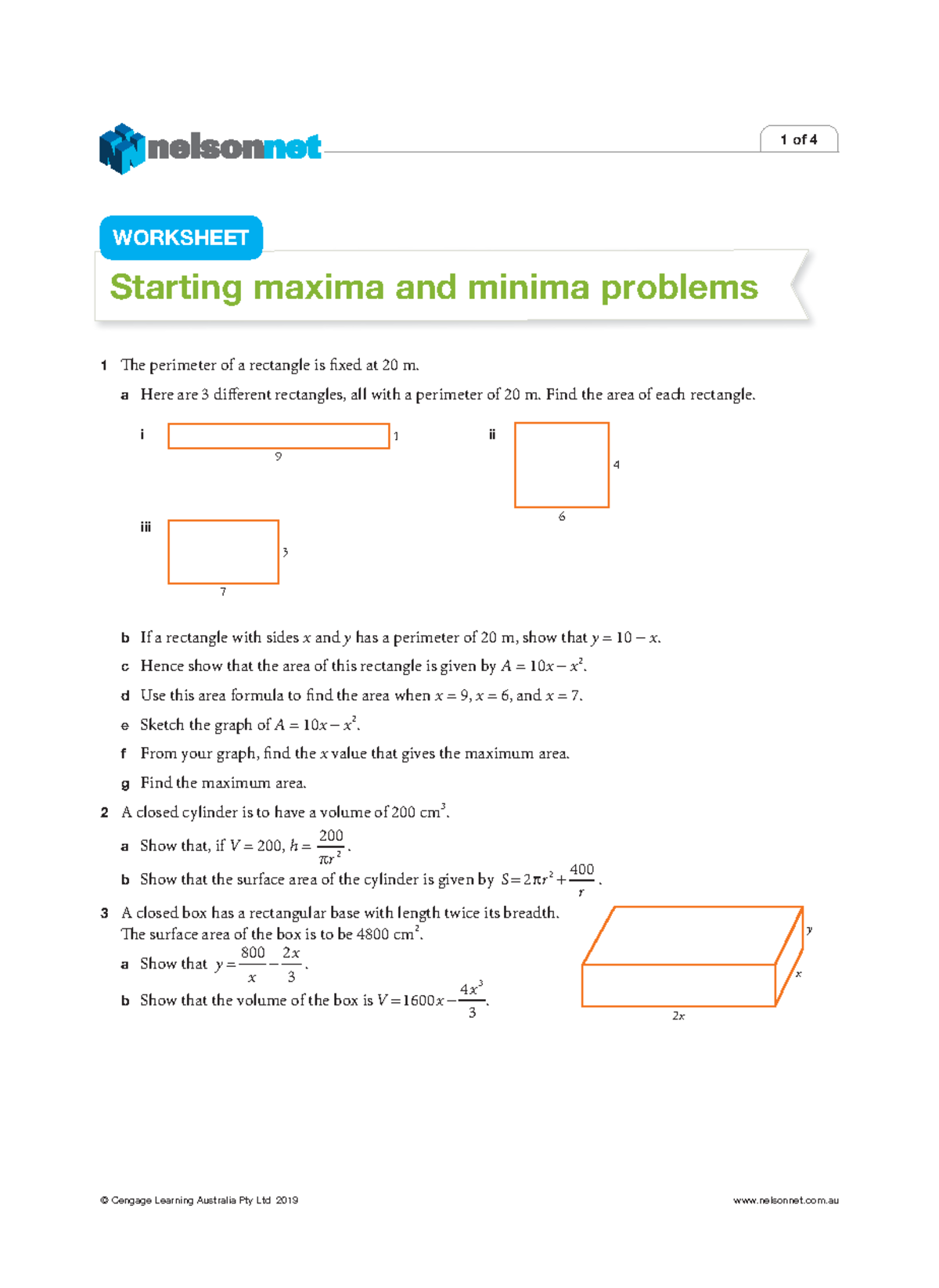 Starting maxima and minima problems - 1 The perimeter of a rectangle is ...