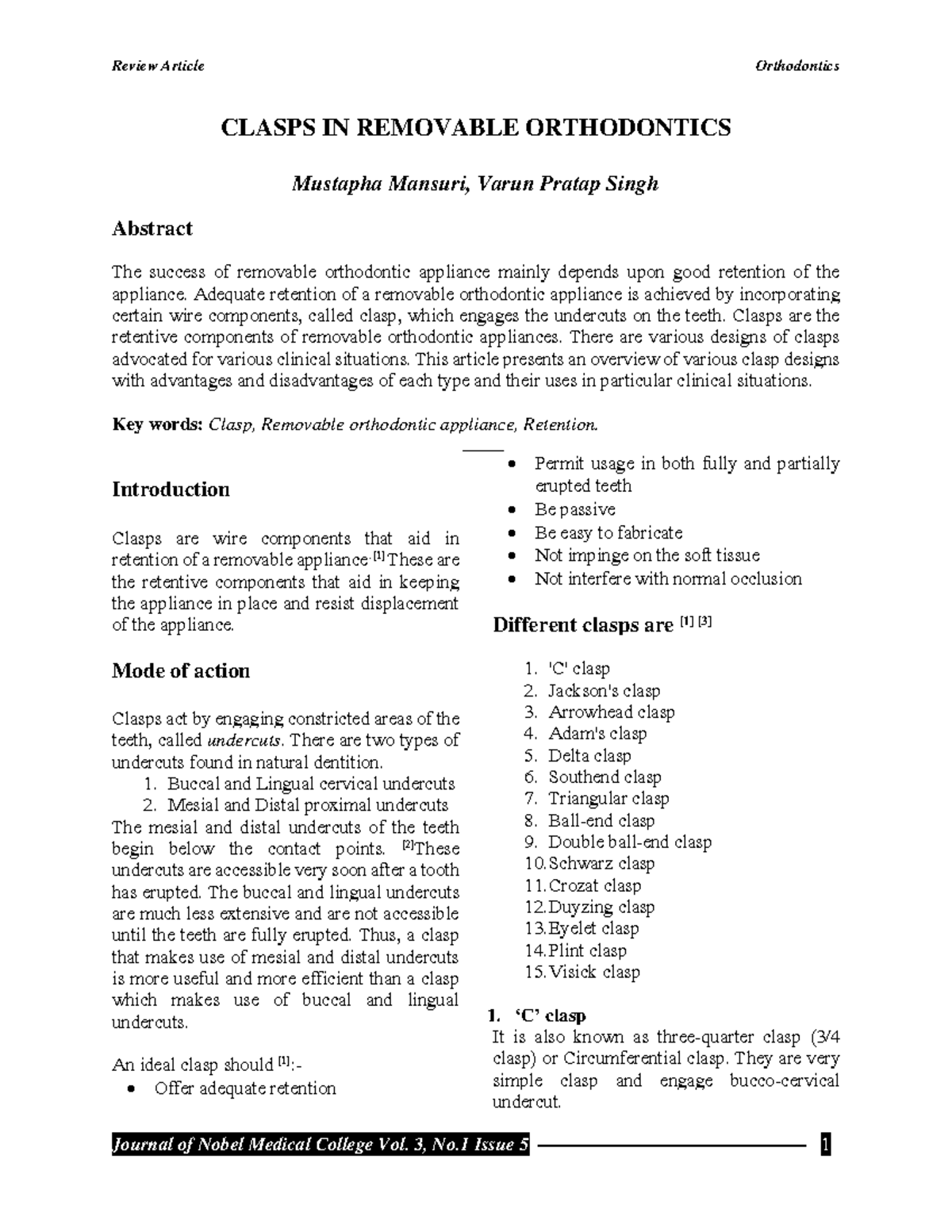 Clasps - lecture notes - CLASPS IN REMOVABLE ORTHODONTICS Mustapha ...
