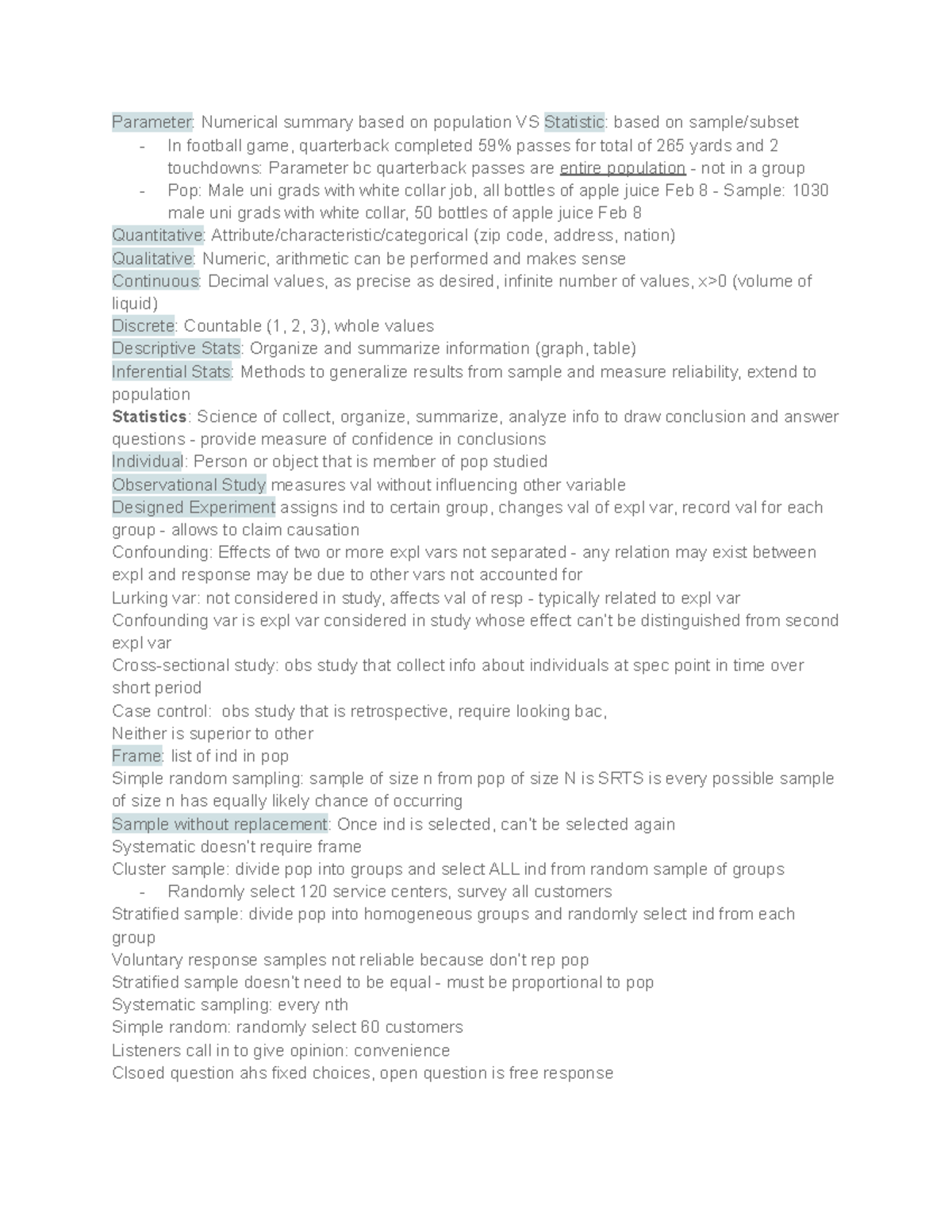MATH 146 - Midterm 1 - Parameter: Numerical summary based on population ...