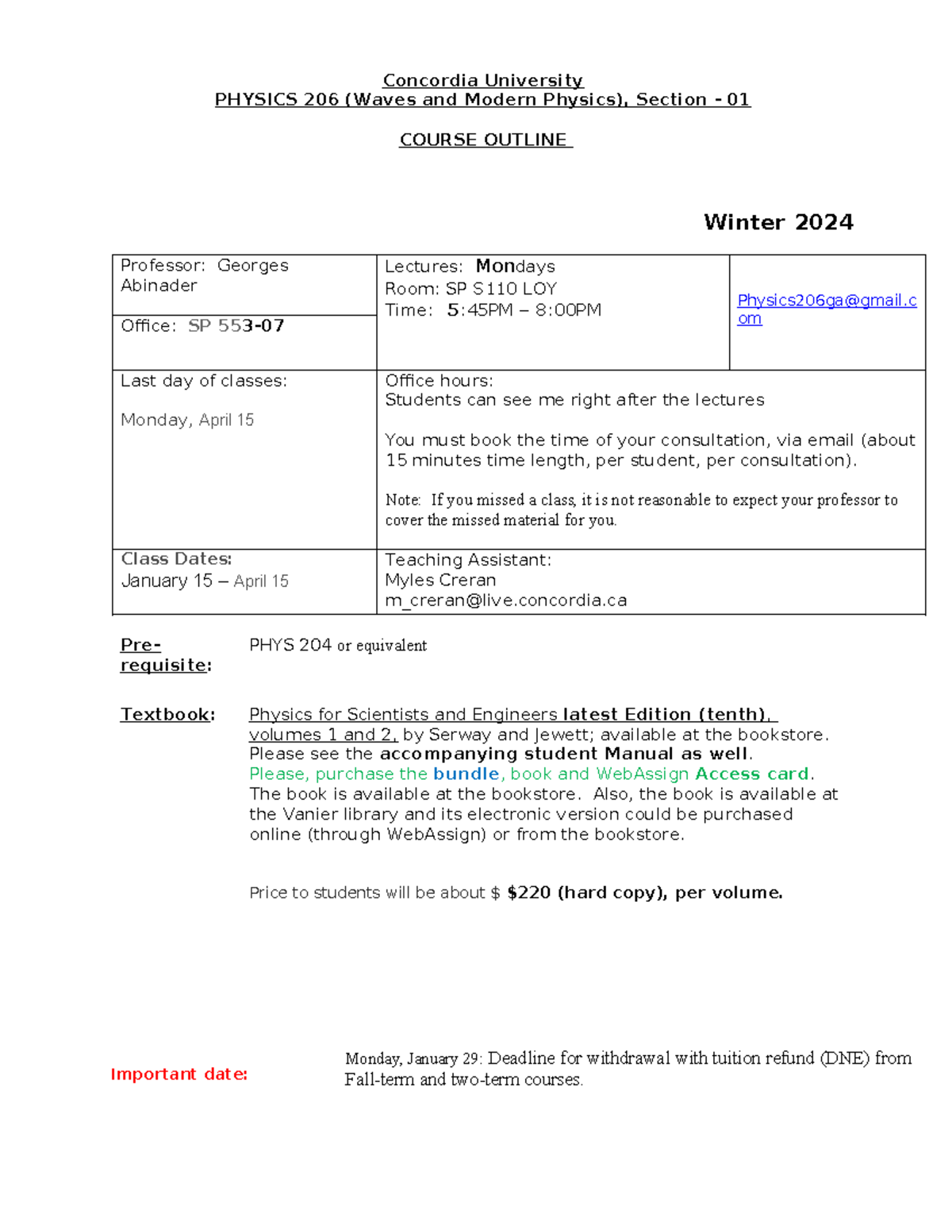 1 - PHYS 206 - Course outline - Winter 2024 - Section - 01 - Concordia ...