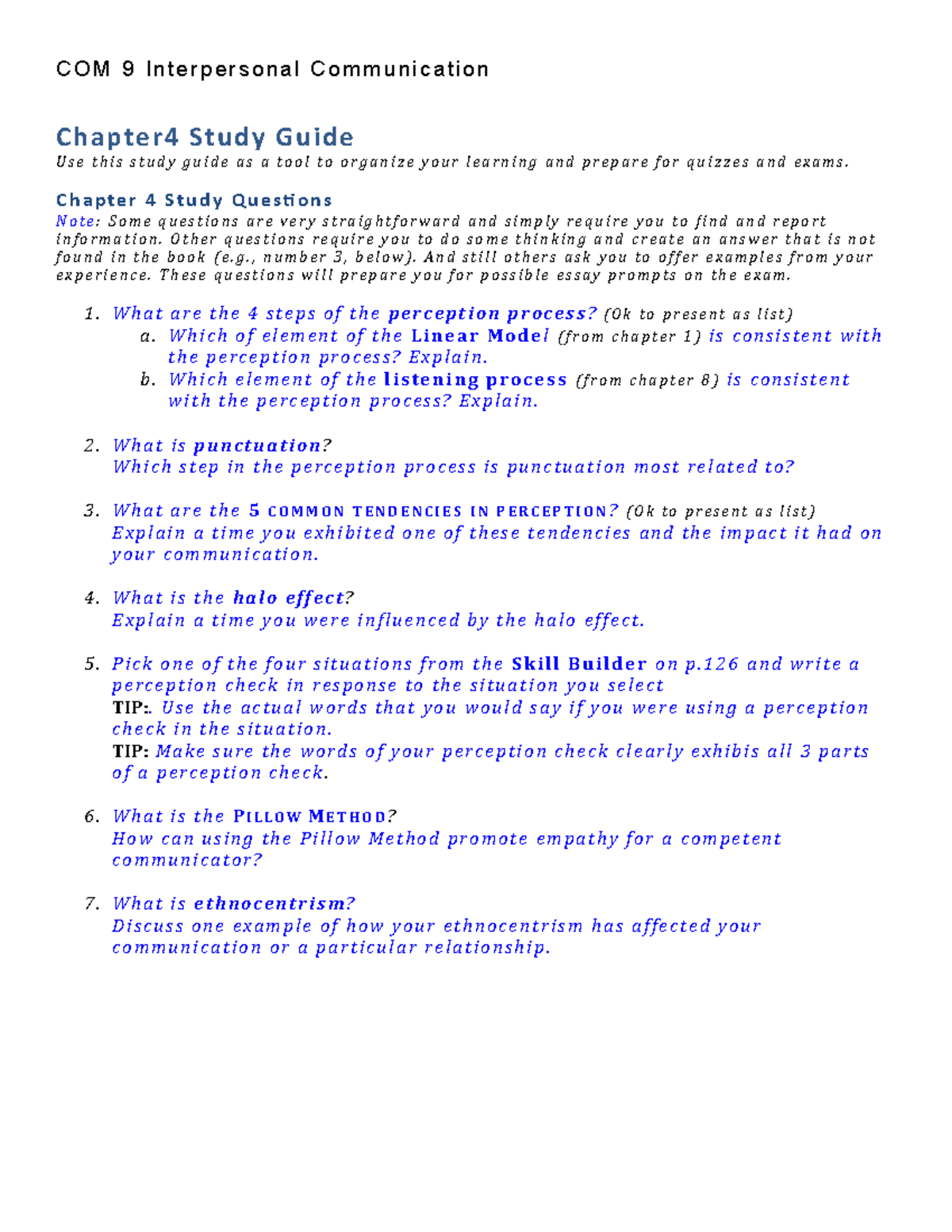 SG ch4 - Chapter 4 Study Guide - C O M 9 I n t e r p e r s o n a l C o ...
