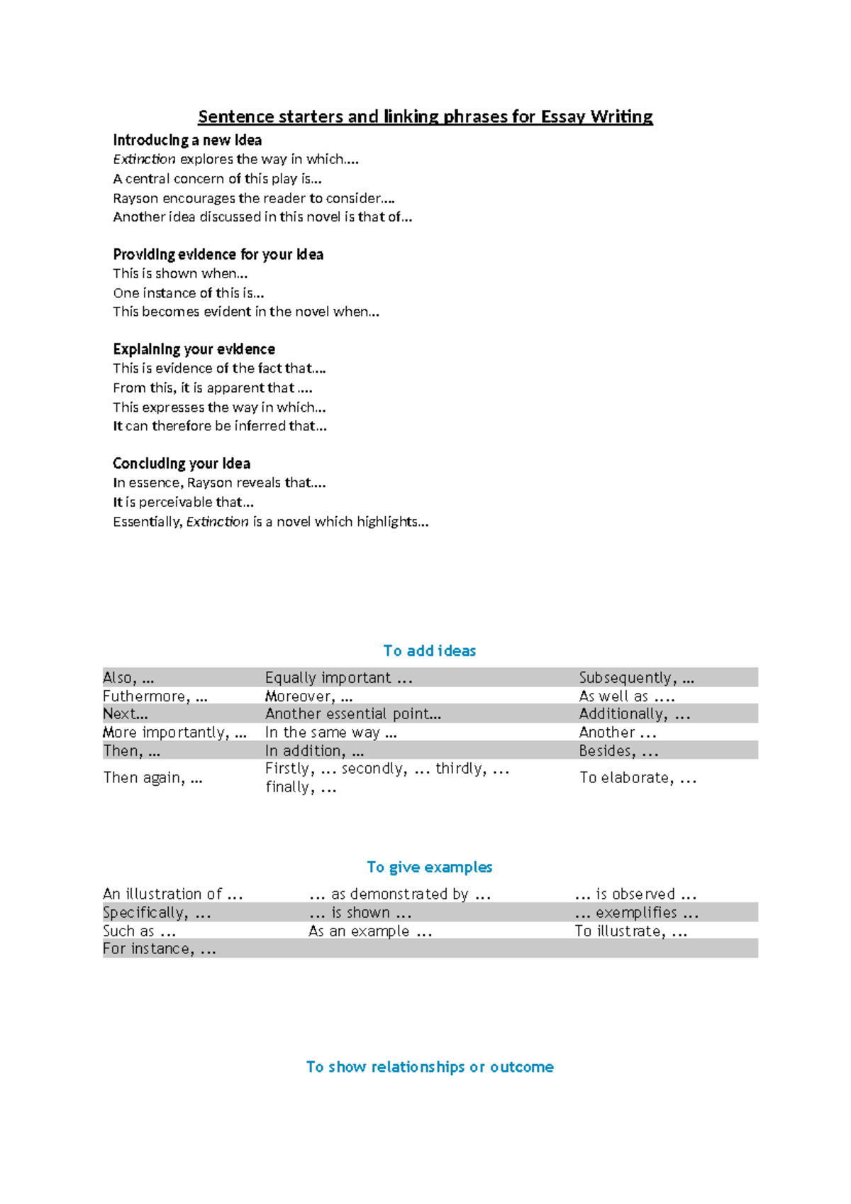 Essay writing vocab and sentence starters - Sentence starters and ...