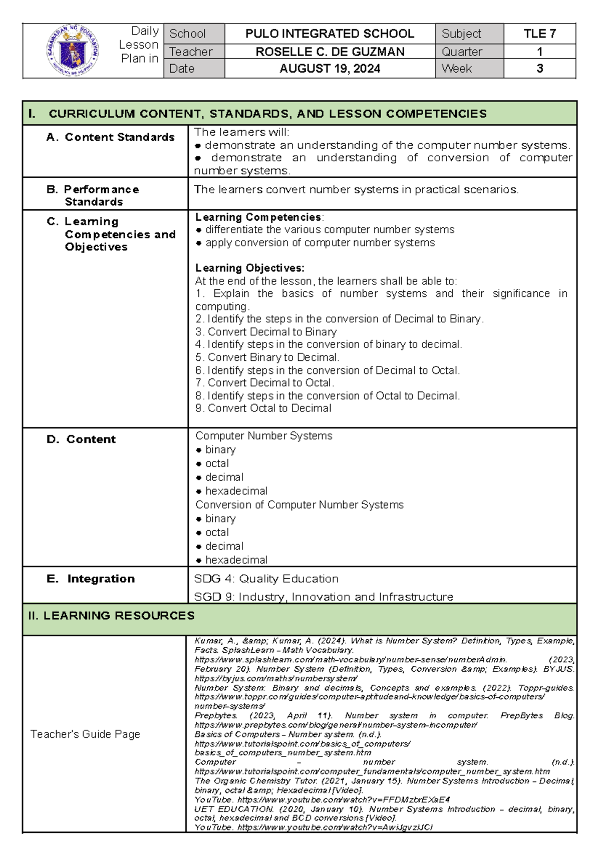 DLP TLE7 Q1 W3 - Daily Lesson Plan - Daily Lesson Plan in School PULO INTEGRATED SCHOOL Subject ...