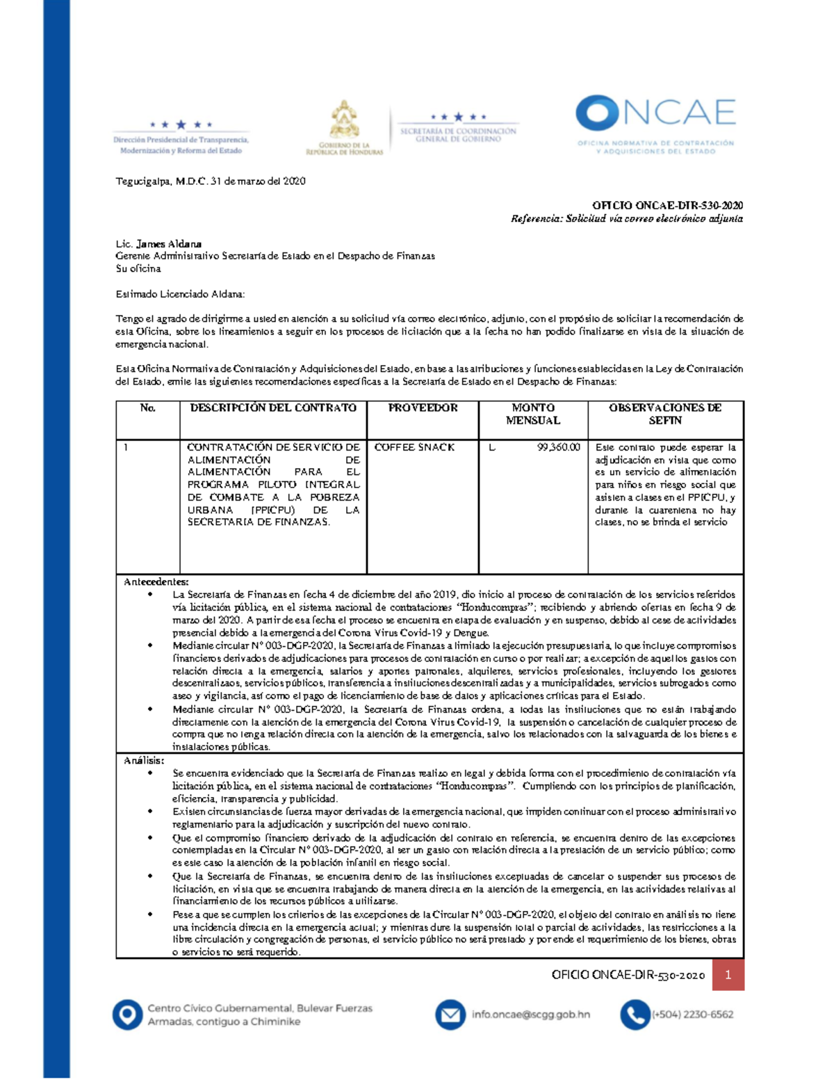 Oncae-DIR-530-2020 Recomendación a Sefin sobre procesos de contratación ...