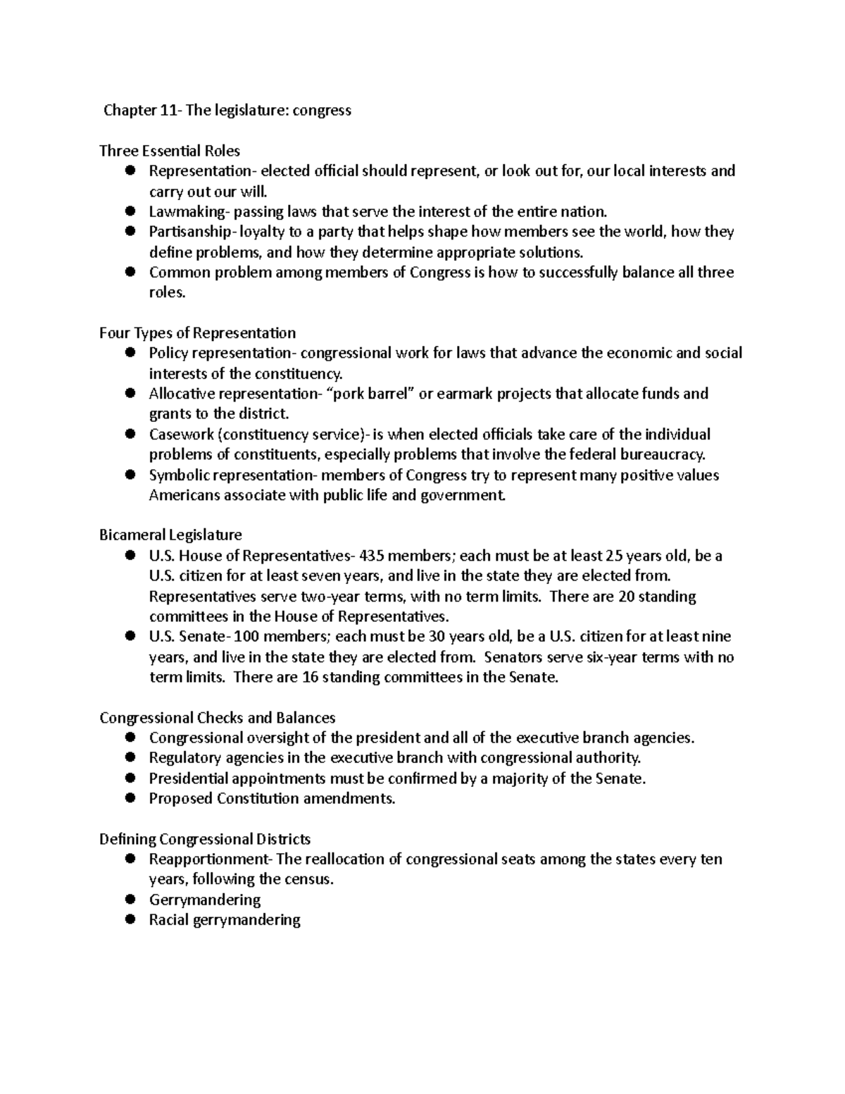 Chapter 11 the congress - Chapter 11- The legislature: congress Three Essential Roles - Studocu