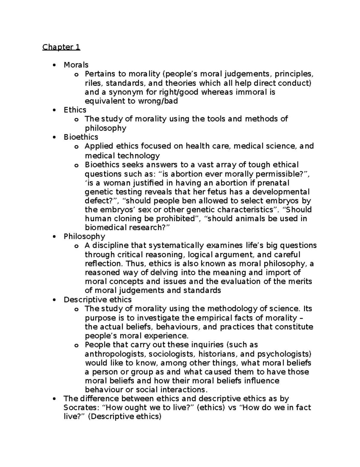 Bioethics - Bioethic notes. - Chapter 1 Morals o Pertains to morality ...