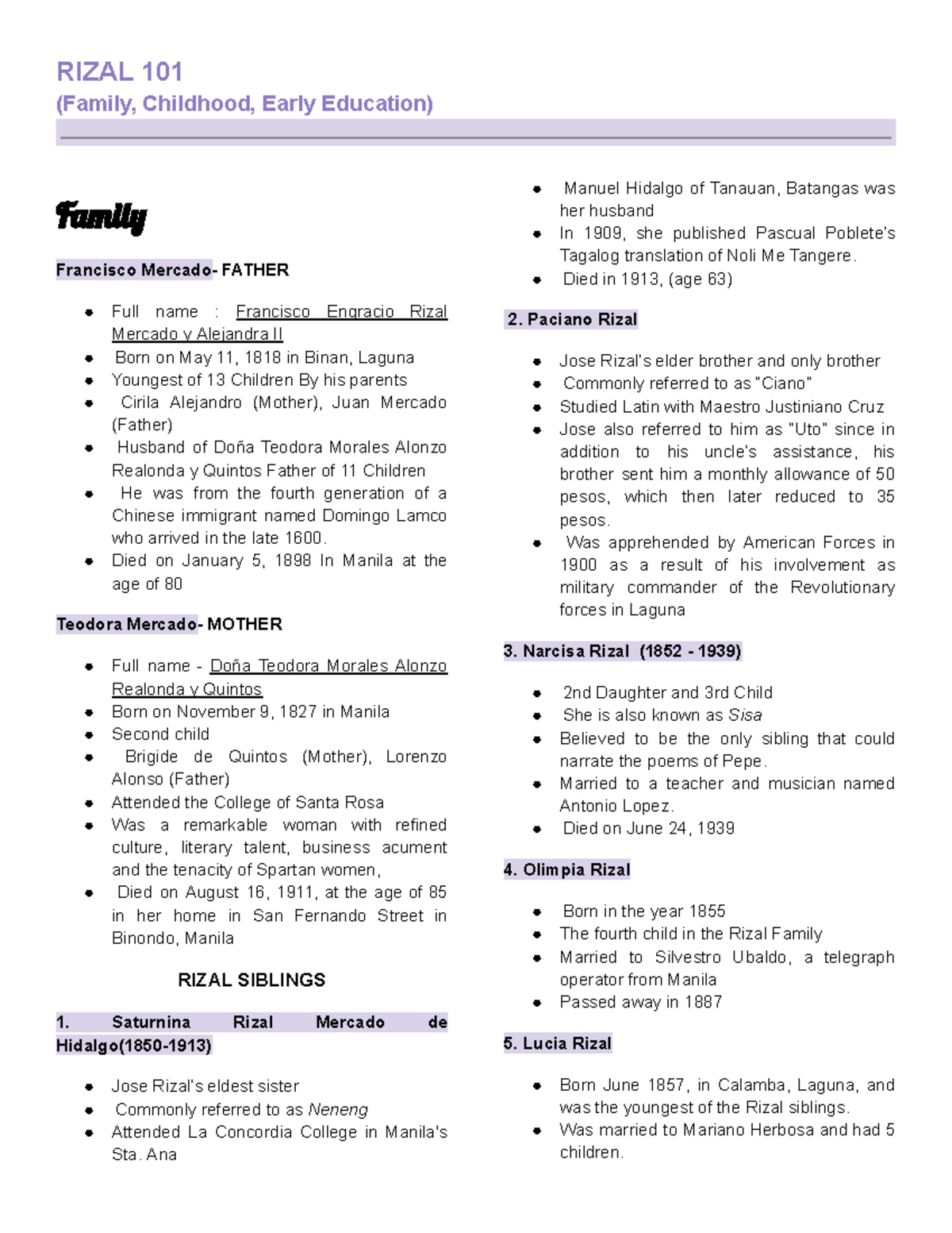 Rizal Midterm Notes - (Family, Childhood, Early Education) Famil ...