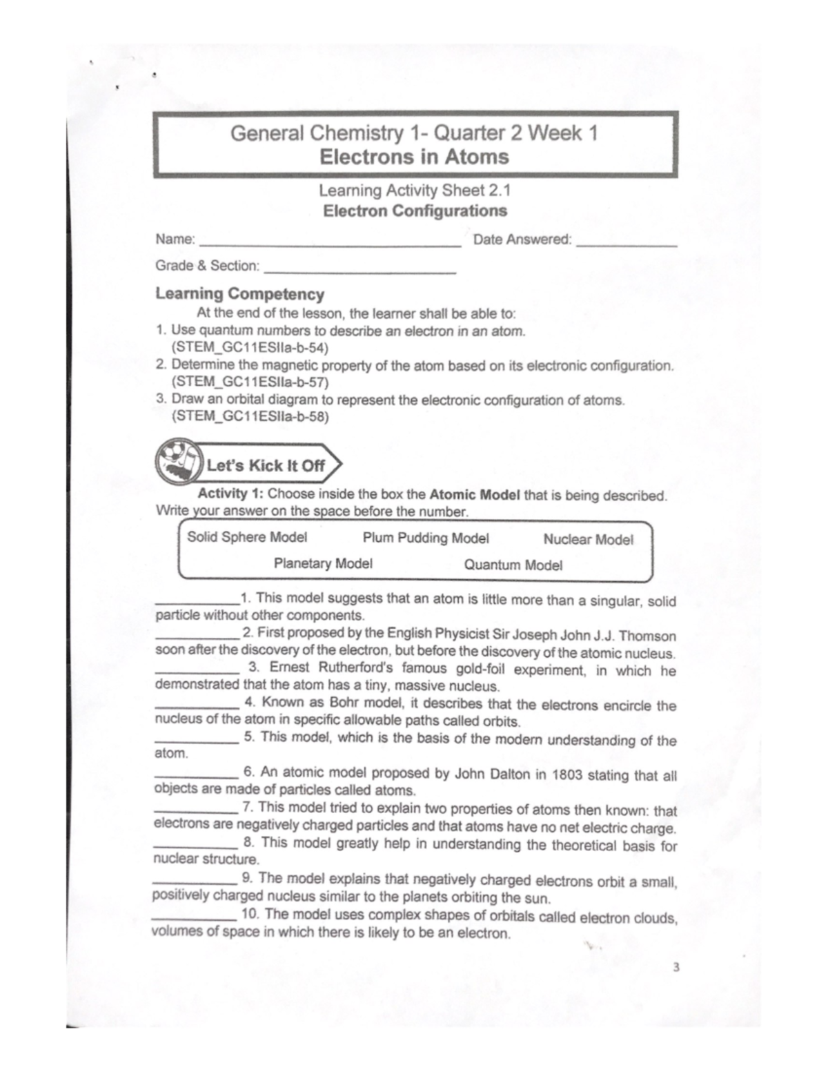 General Chemistry 1 Quarter 2 Week 1 ACADEMIC PURPOSES - Communication ...