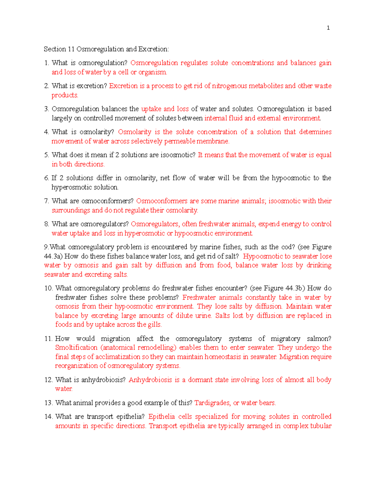 Bio 1002, sect. 11- Osmoregulation and Excretion - Section 11 ...