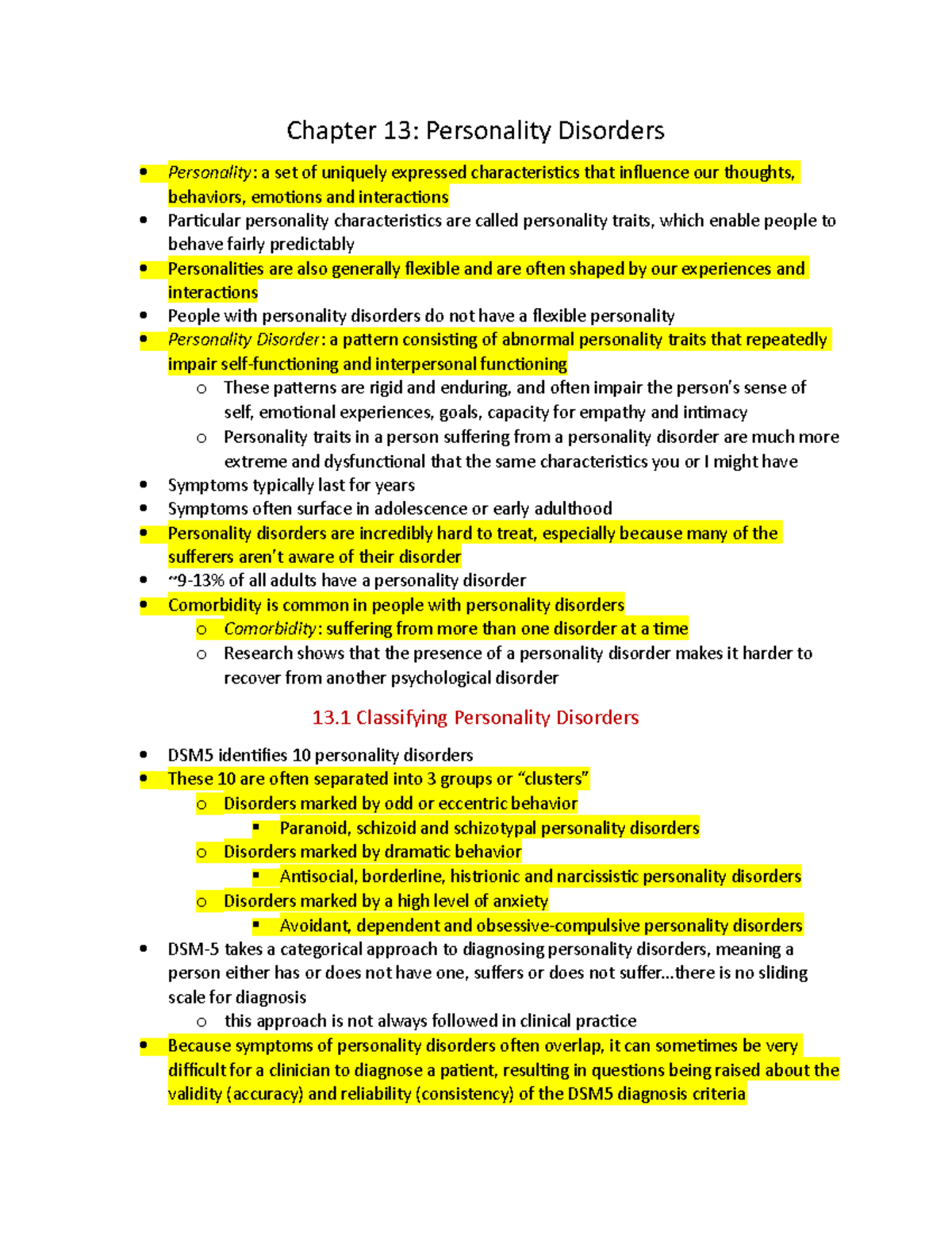 Exam 4 Reading Notes - Chapter 13: Personality Disorders Personality: a ...