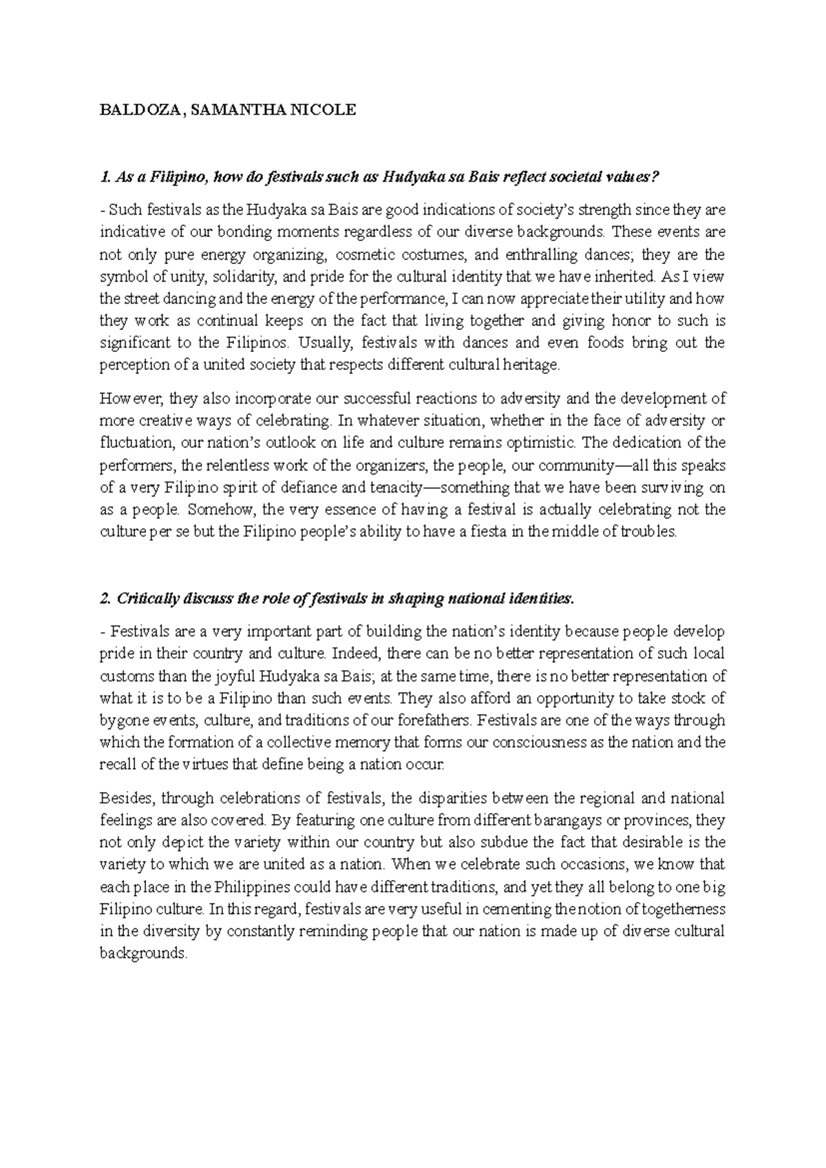 Essay - Sbhdbdf - BALDOZA, SAMANTHA NICOLE As a Filipino, how do ...