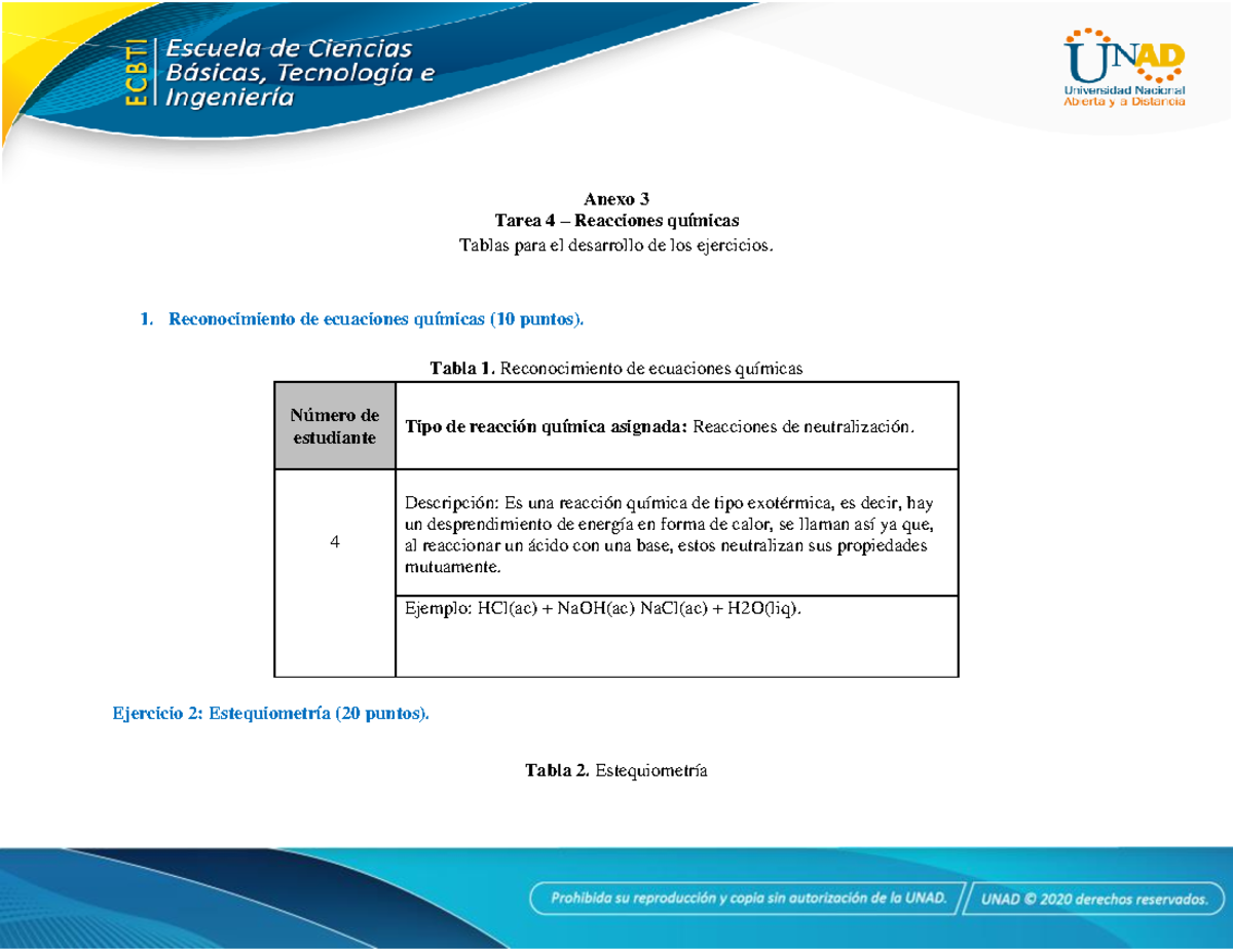 Tarea 4 Quimica- Reacciones Químicas. - Anexo 3 Tarea 4 – Reacciones químicas Tablas para el ...