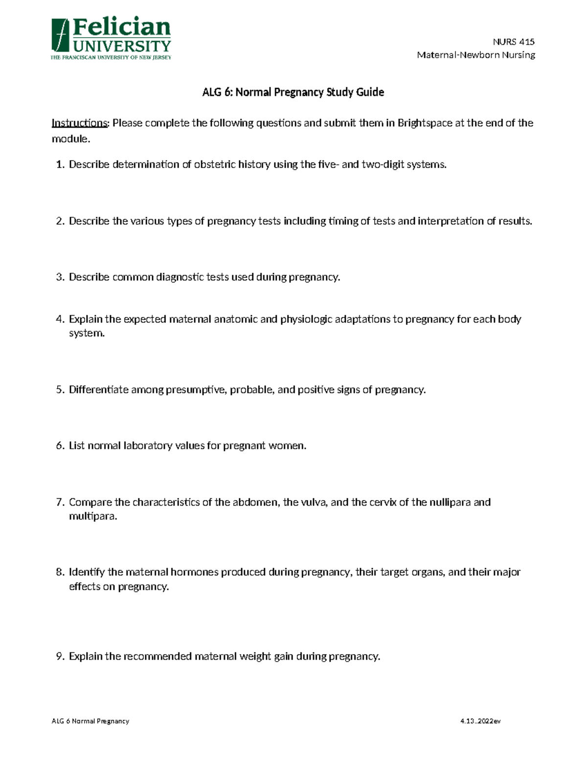 Active Learning Guide - Module 6 - NURS 415 Maternal-Newborn Nursing ...