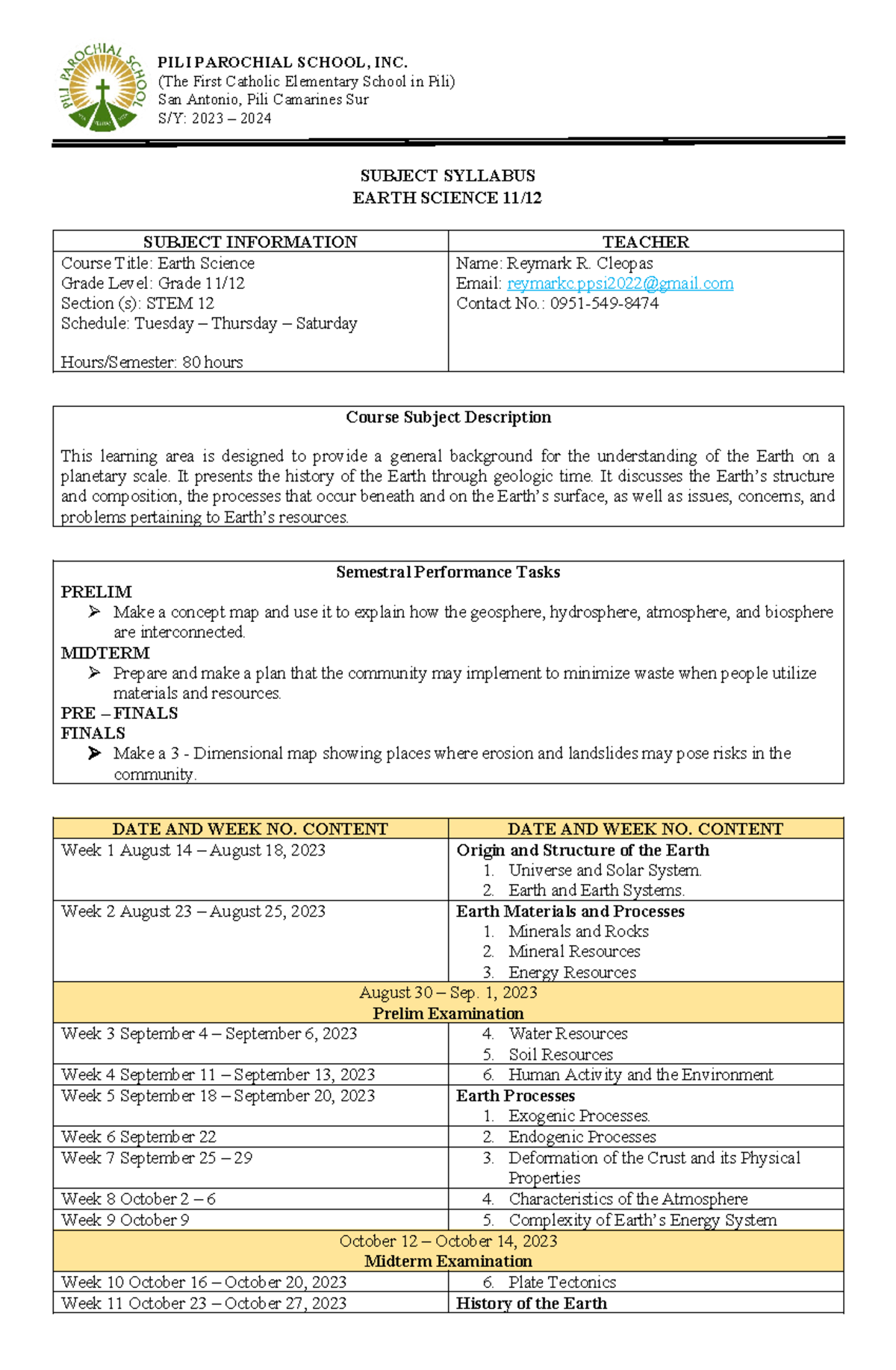Earth Science - Syllabus - PILI PAROCHIAL SCHOOL, INC. (The First ...