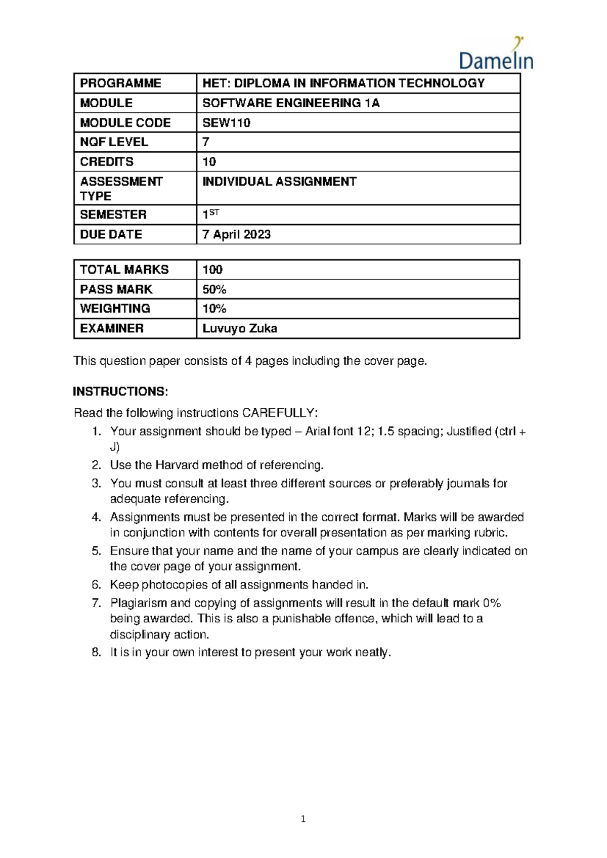 Software Engineering 1A Individual Assignment 2023 - PROGRAMME HET ...