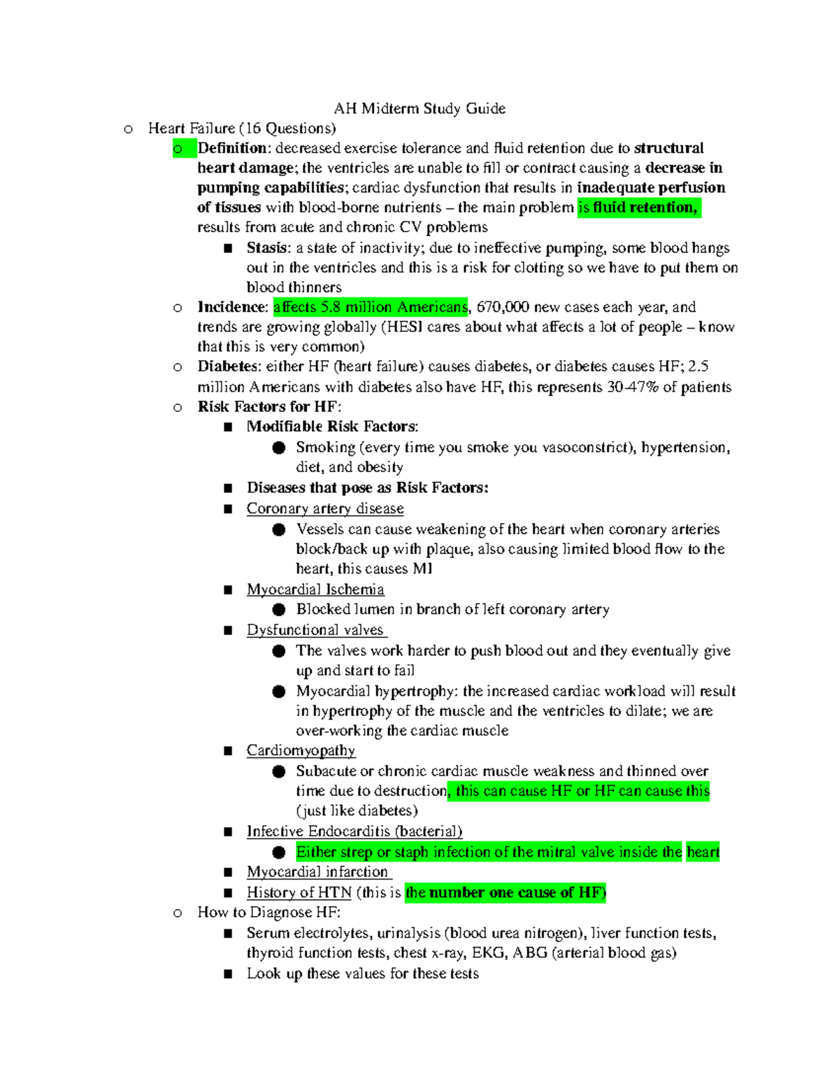 Final Study Guide - AH Midterm Study Guide o Heart Failure (16 ...